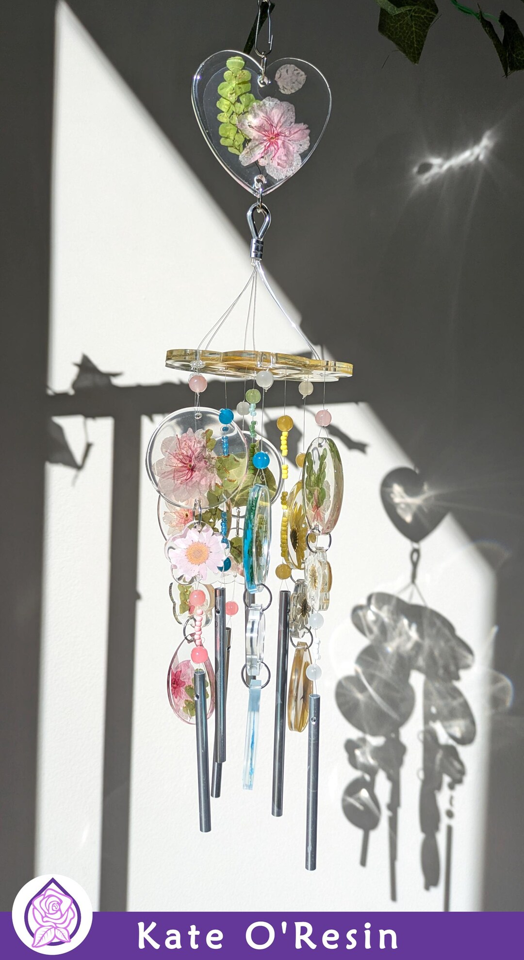 Handmade Epoxy Resin Wind Chime With Pressed Flowers Boho Home and ...