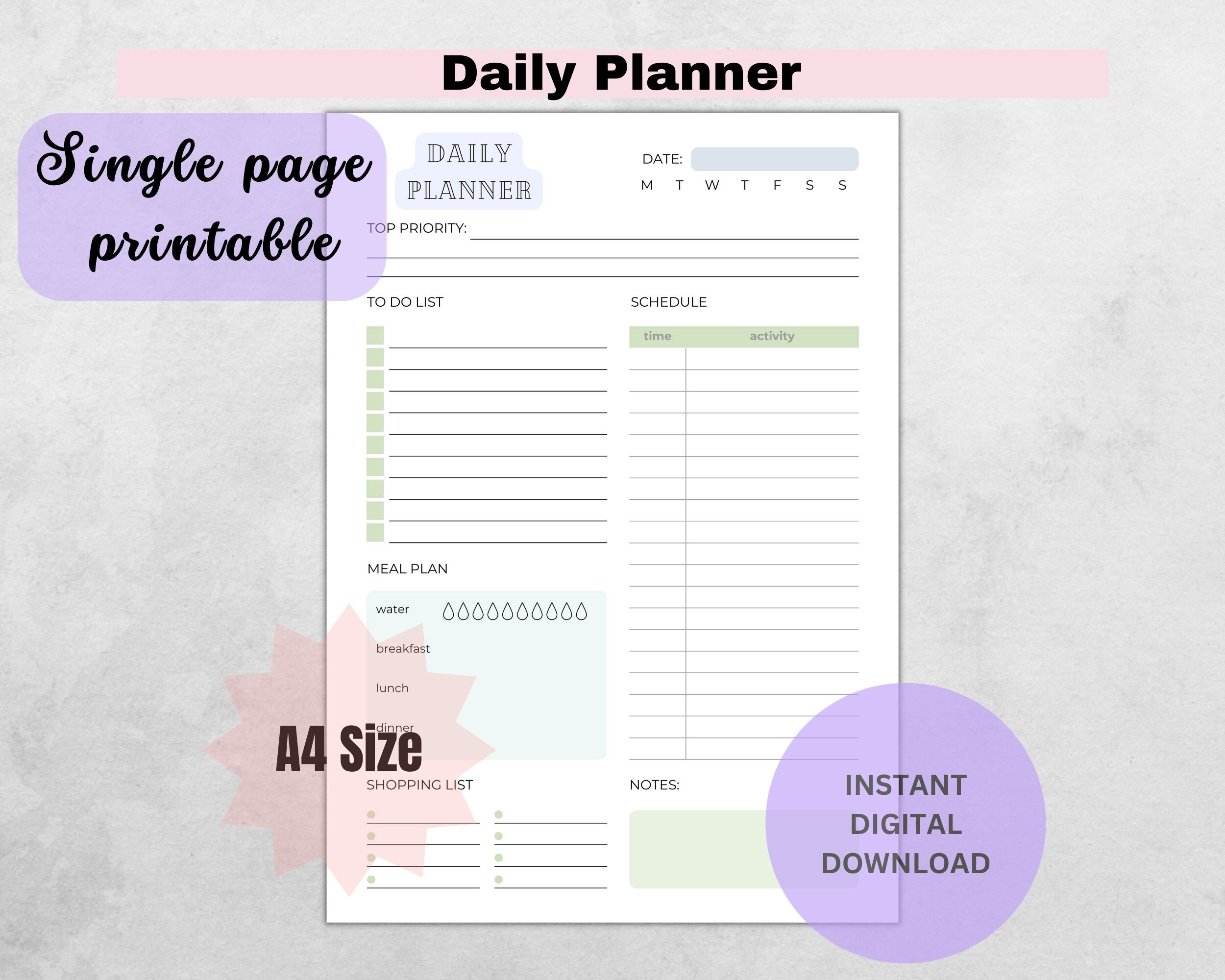 Daily Planner, Printable, Digital Instant Download, Minimal Design ...