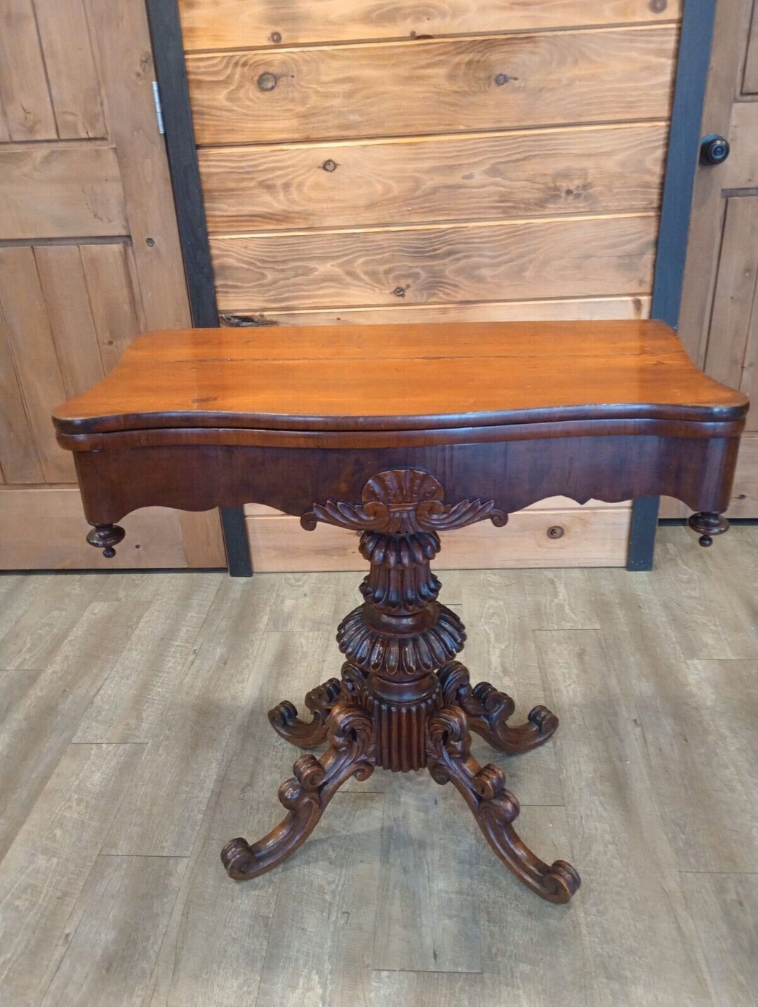 Vintage Mahogany Twist Flip Game Table With Carved Base and Storage ...