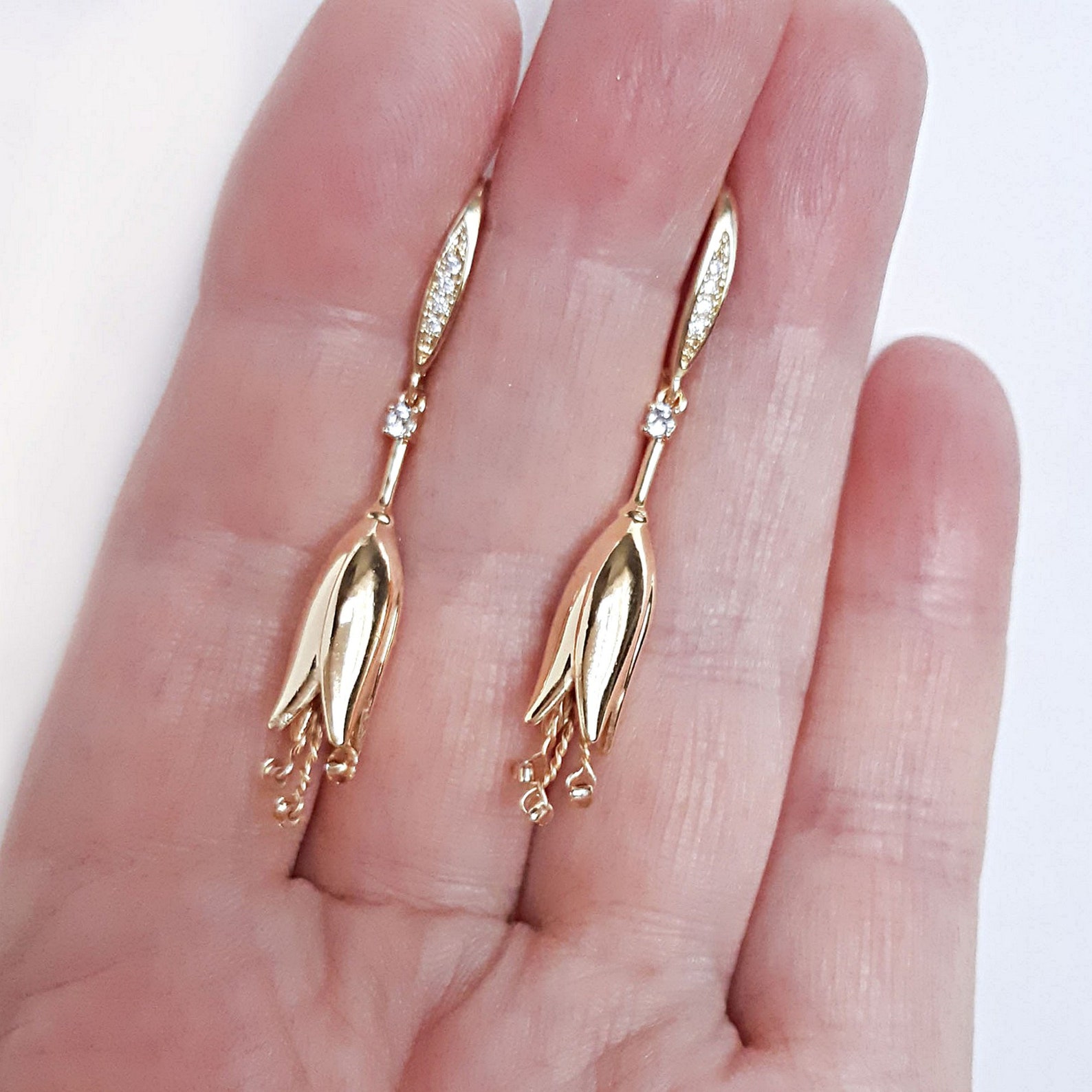 24k Gold Bell Flower Dangle Earrings, Tulip Earrings, Bridal Drop ...