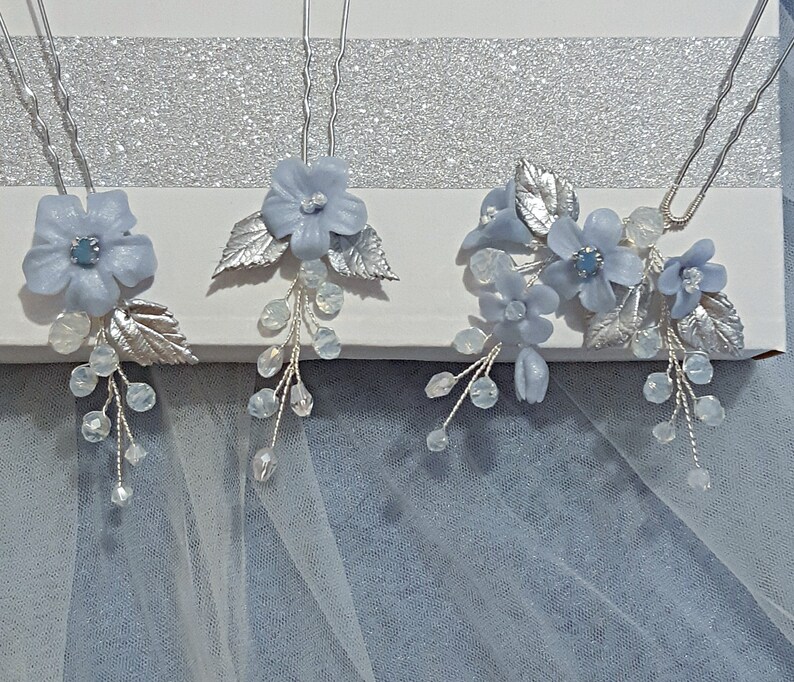 Dusty Blue Flowers Hair Pins Set of 3, Light Blue Bridal Hair Piece ...