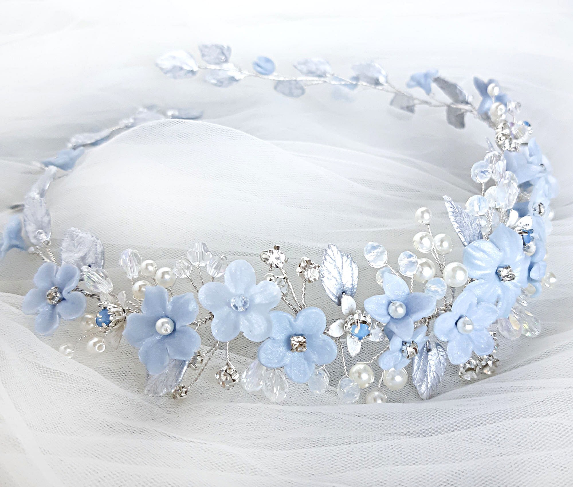 Light Blue Floral Headpiece, Dusty Blue Flower Crown Wedding, Pale Blue ...