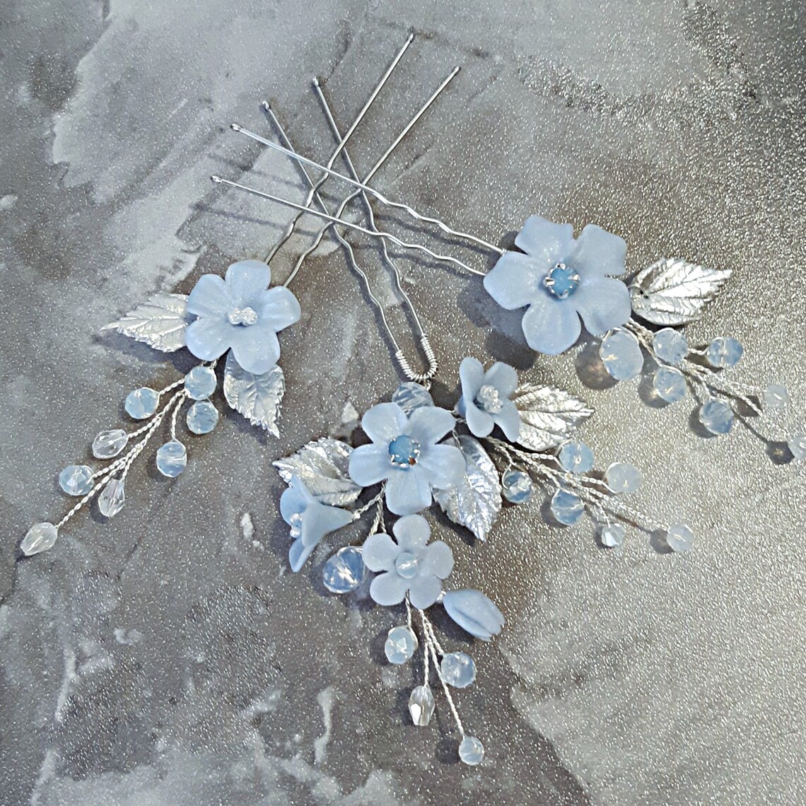 Dusty Blue Flowers Hair Pins Set of 3, Light Blue Bridal Hair Piece ...