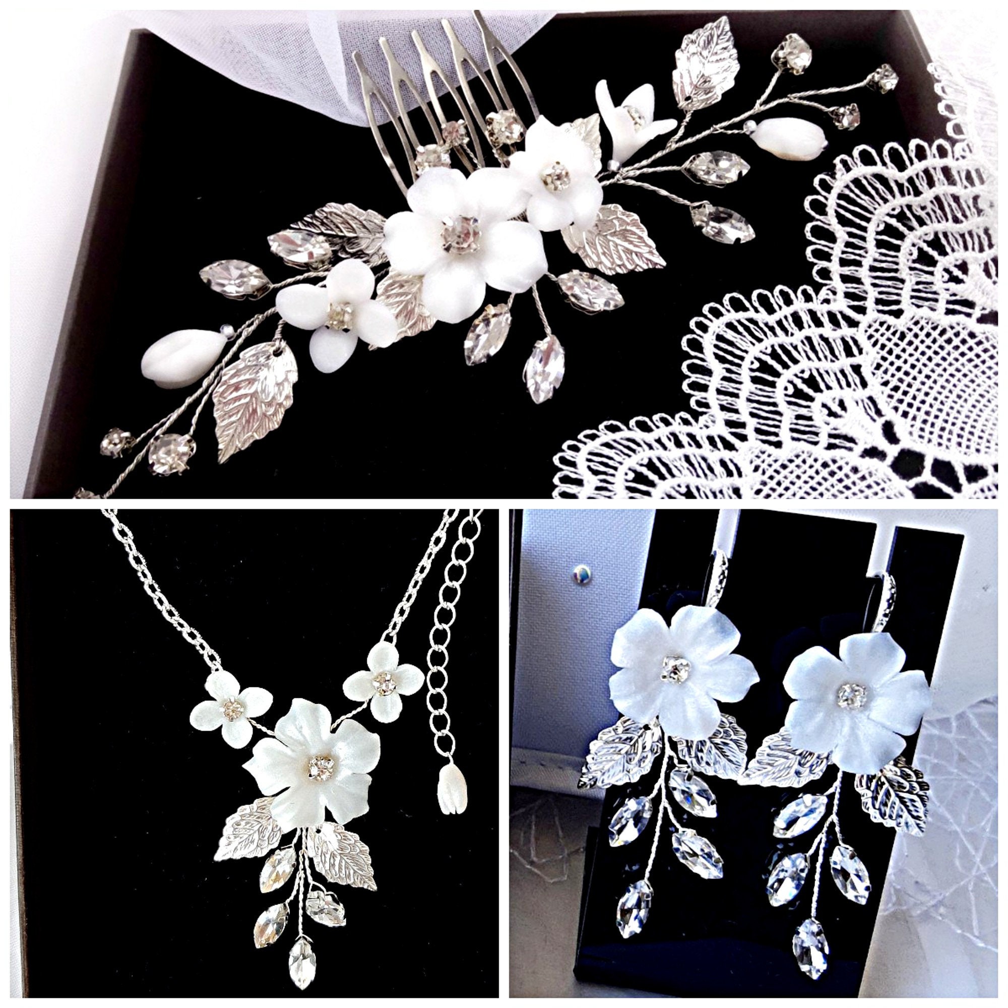 Boho Bridal Jewelry Set, Bridal Floral Jewelry Set, White Flower ...