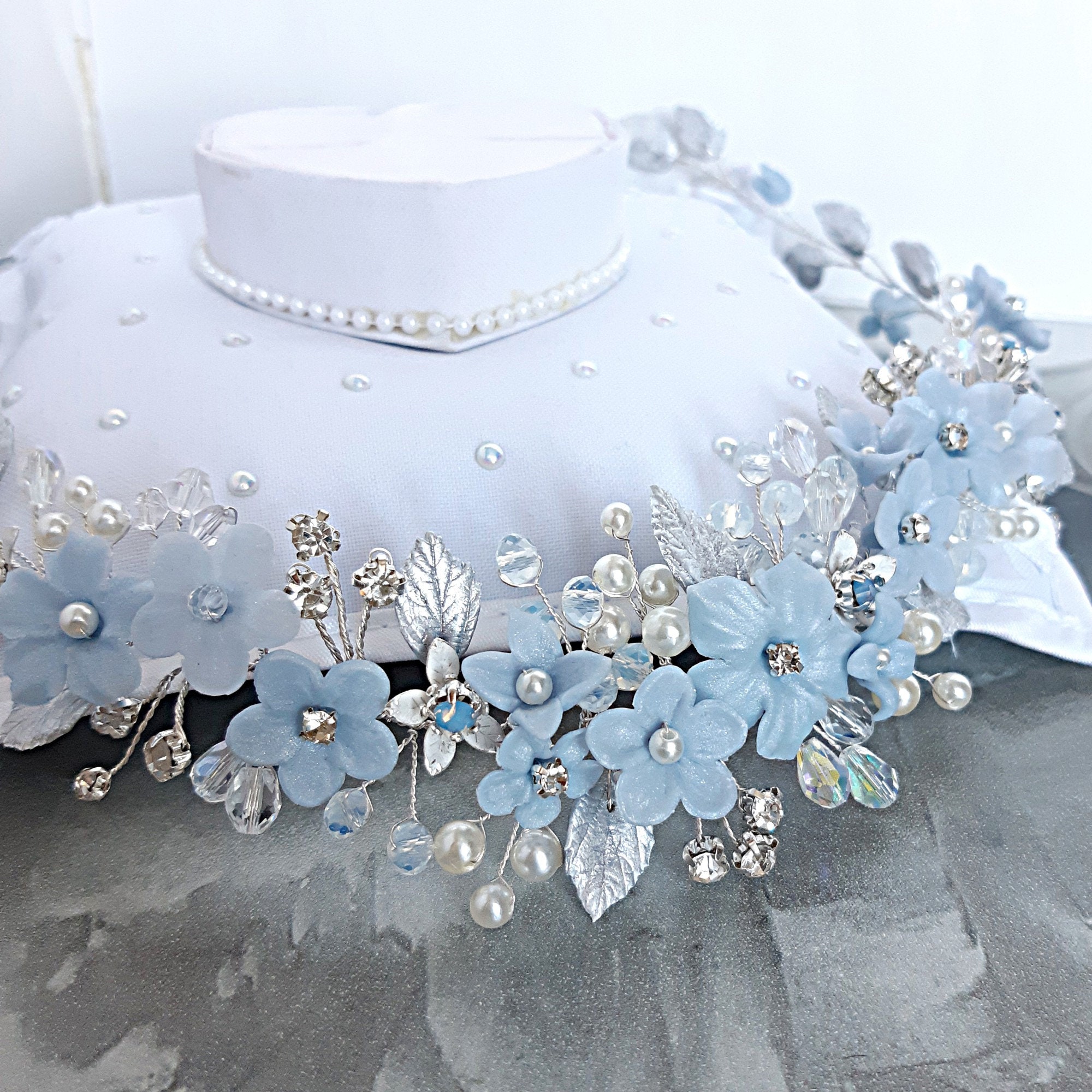 Light Blue Floral Headpiece, Dusty Blue Flower Crown Wedding, Pale Blue ...