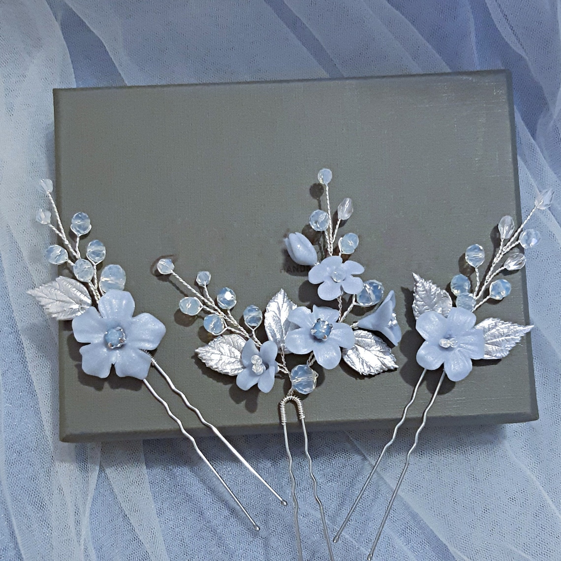 Dusty Blue Flowers Hair Pins Set of 3, Light Blue Bridal Hair Piece ...