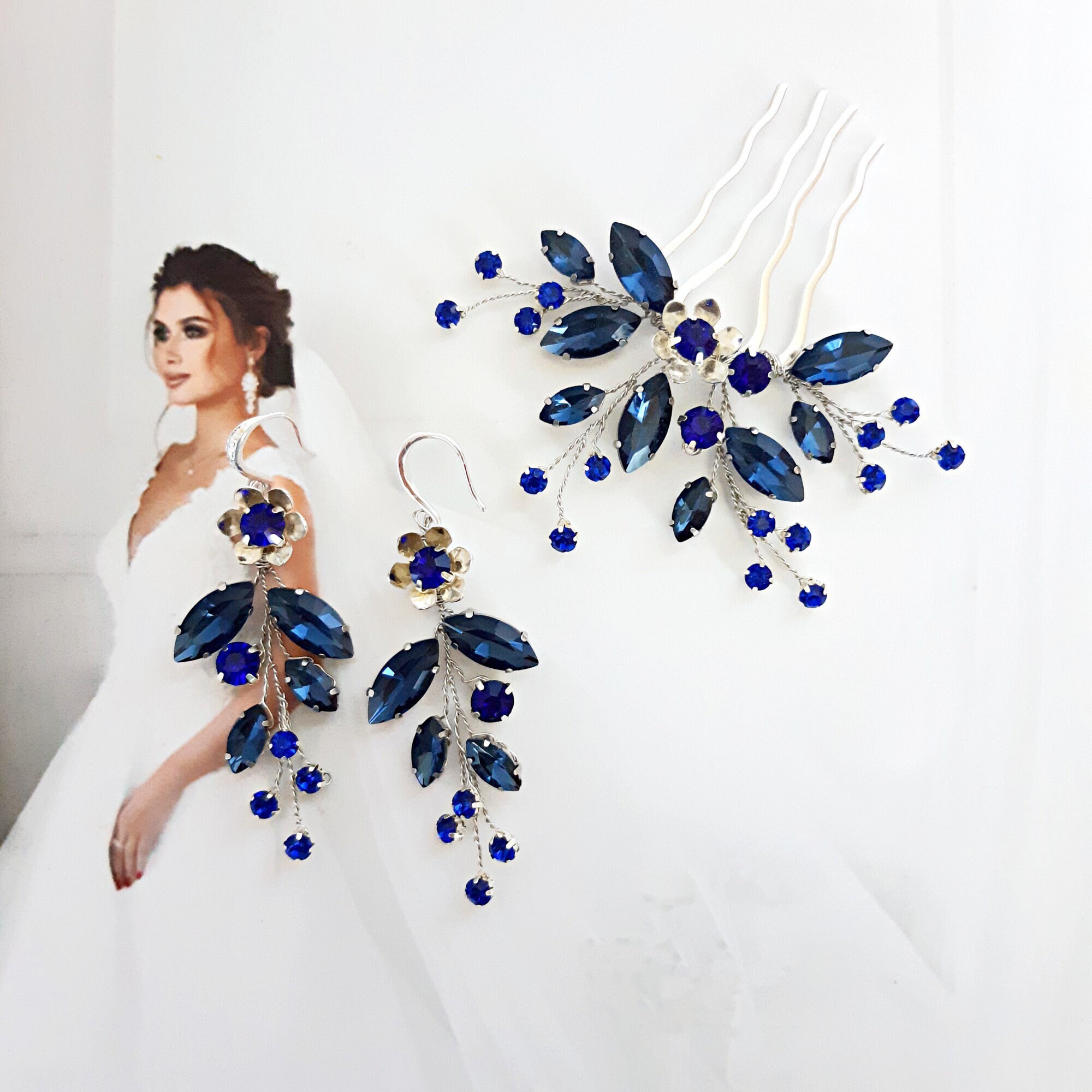 Dark Blue Jewelry Set, Royal Blue Hair Comb and Earrings, Navy Blue ...