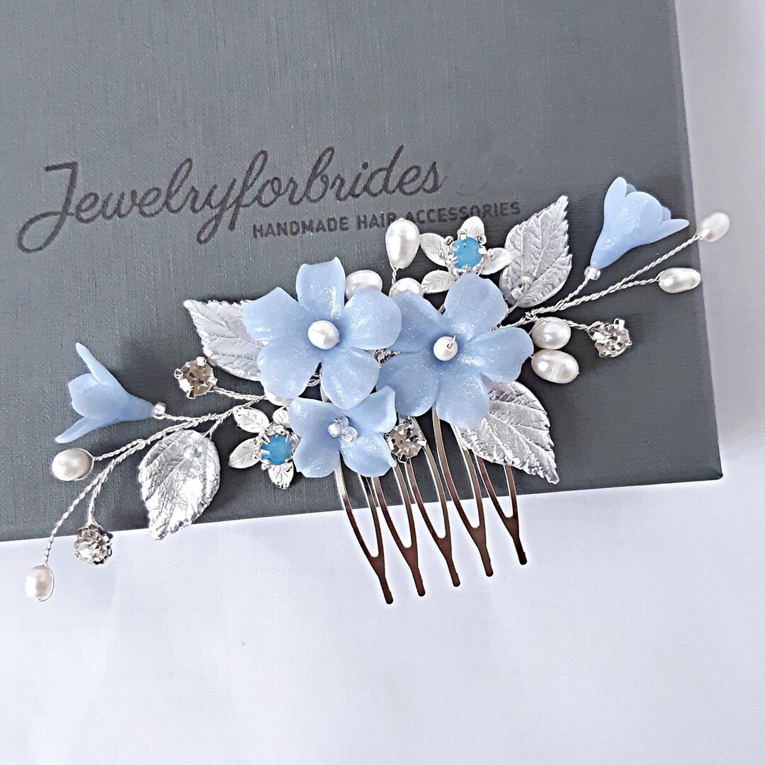 Dusty Blue Wedding Hair Comb With Leaves, Light Blue Head Piece, Small ...