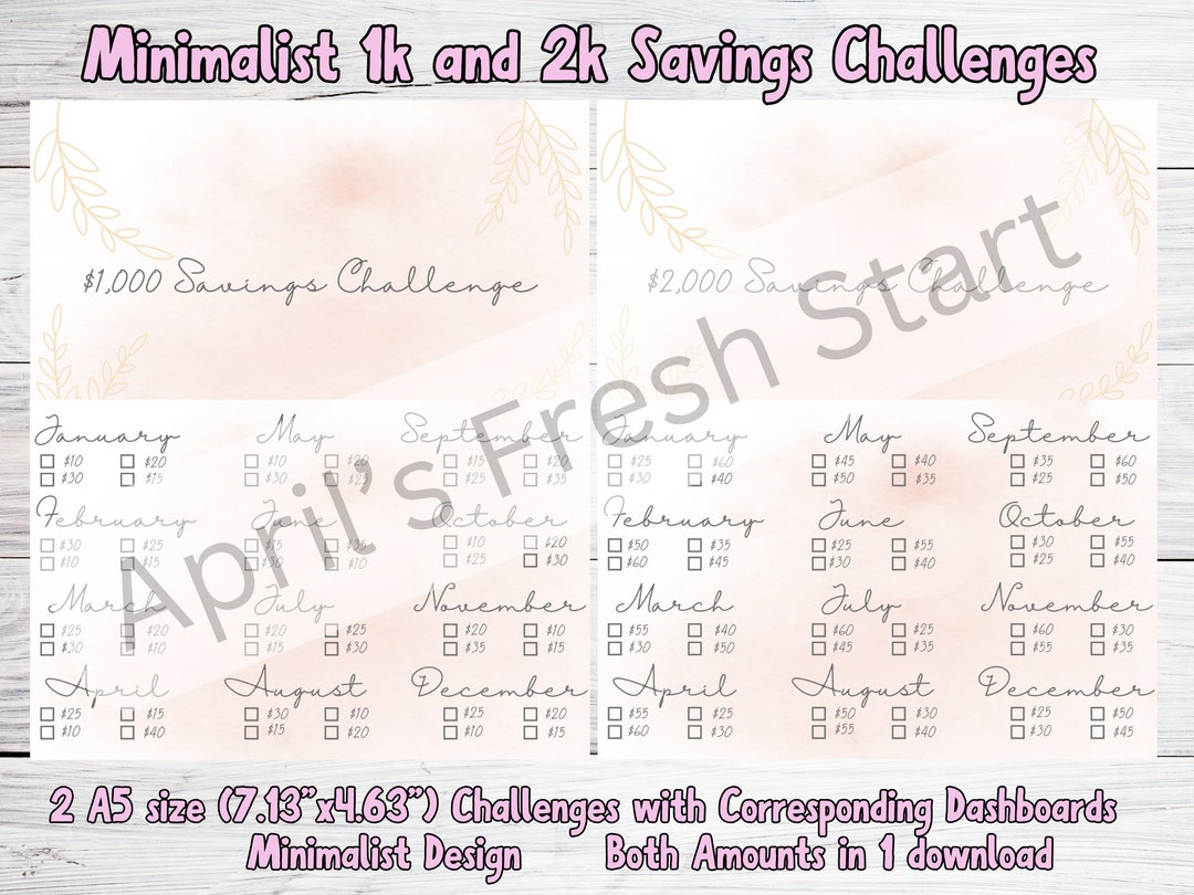 1k and 2k Minimalist Savings Challenges - Etsy