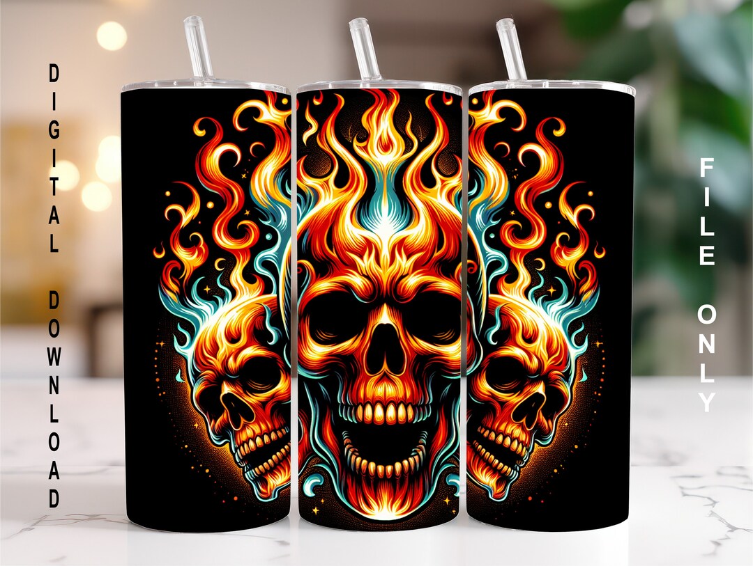 Flaming Skull Tumbler Wrap PNG, Skull Fire Tumbler Sublimation Design ...