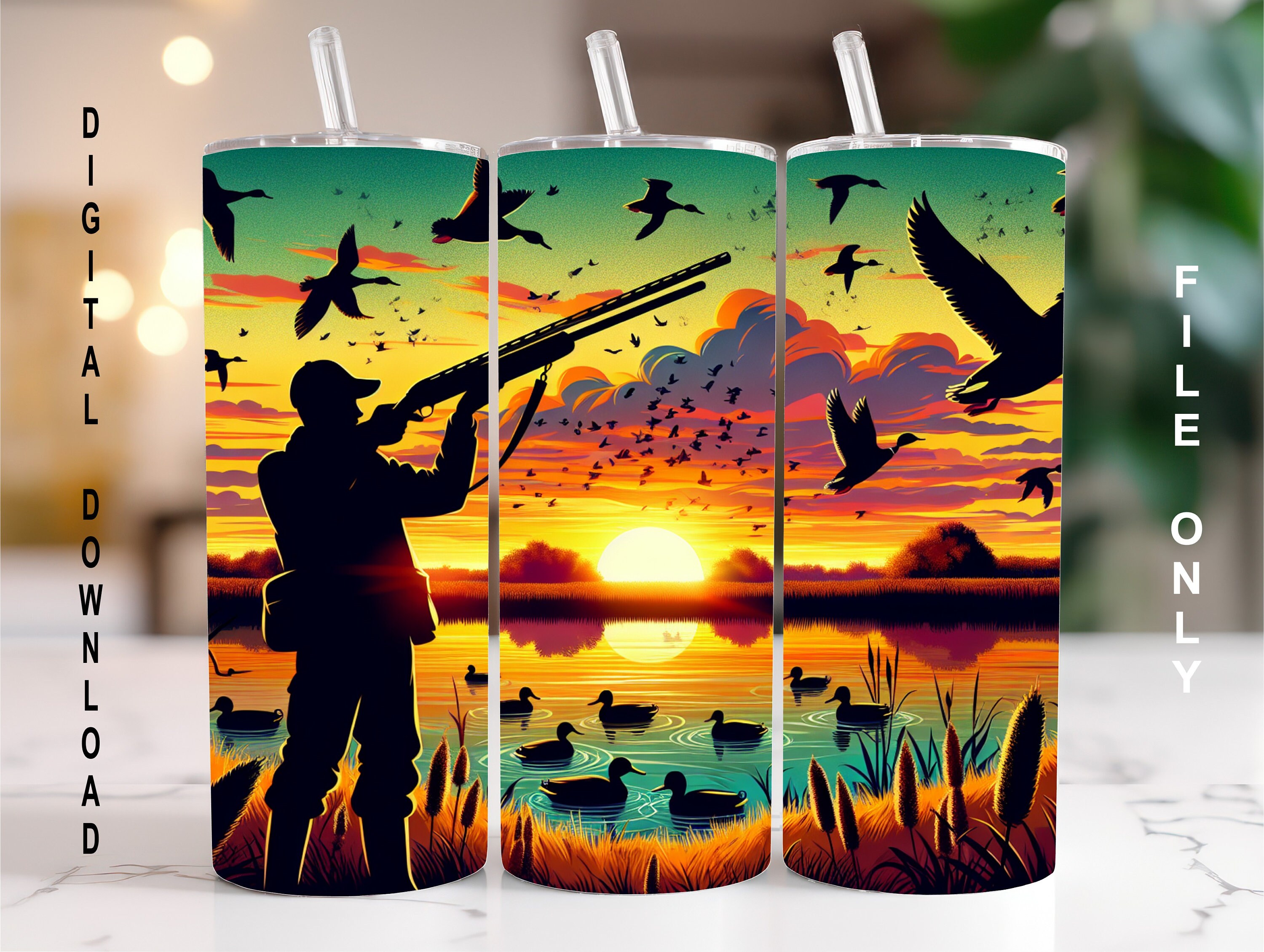 Duck Hunter Silhouette Sunset Wrap, Hunting Scene Sublimation PNG ...