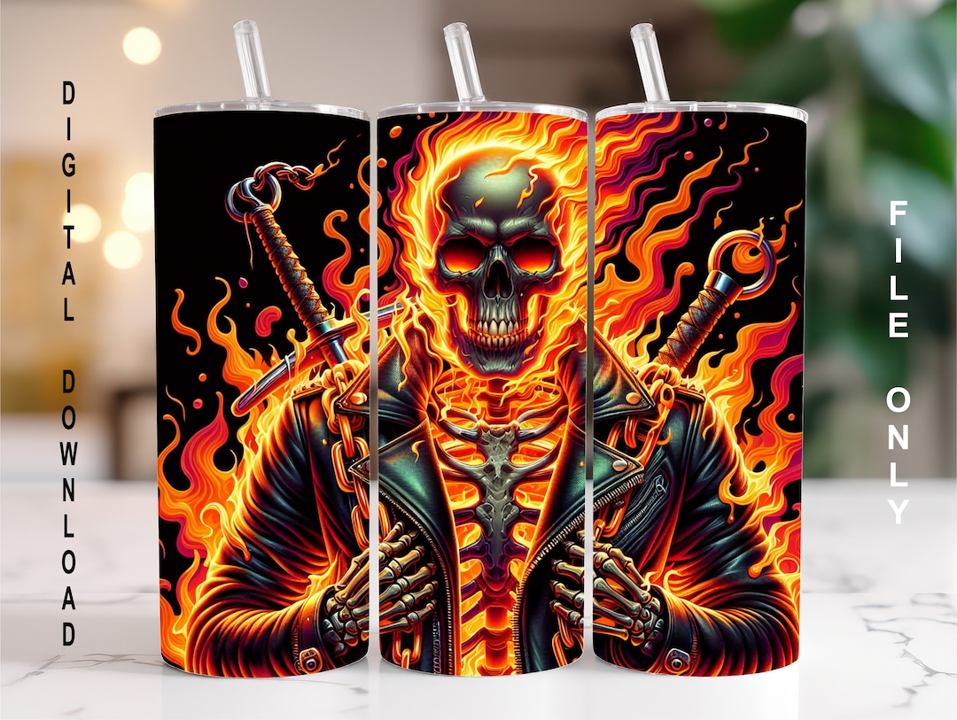 Flaming Skull Tumbler Wrap PNG, Skull Fire Tumbler Sublimation Design ...