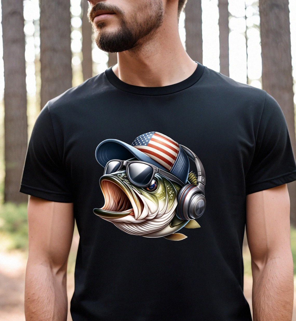 American Flag Cap Bass With Headphones PNG Colorful Fish Fishing Funny ...