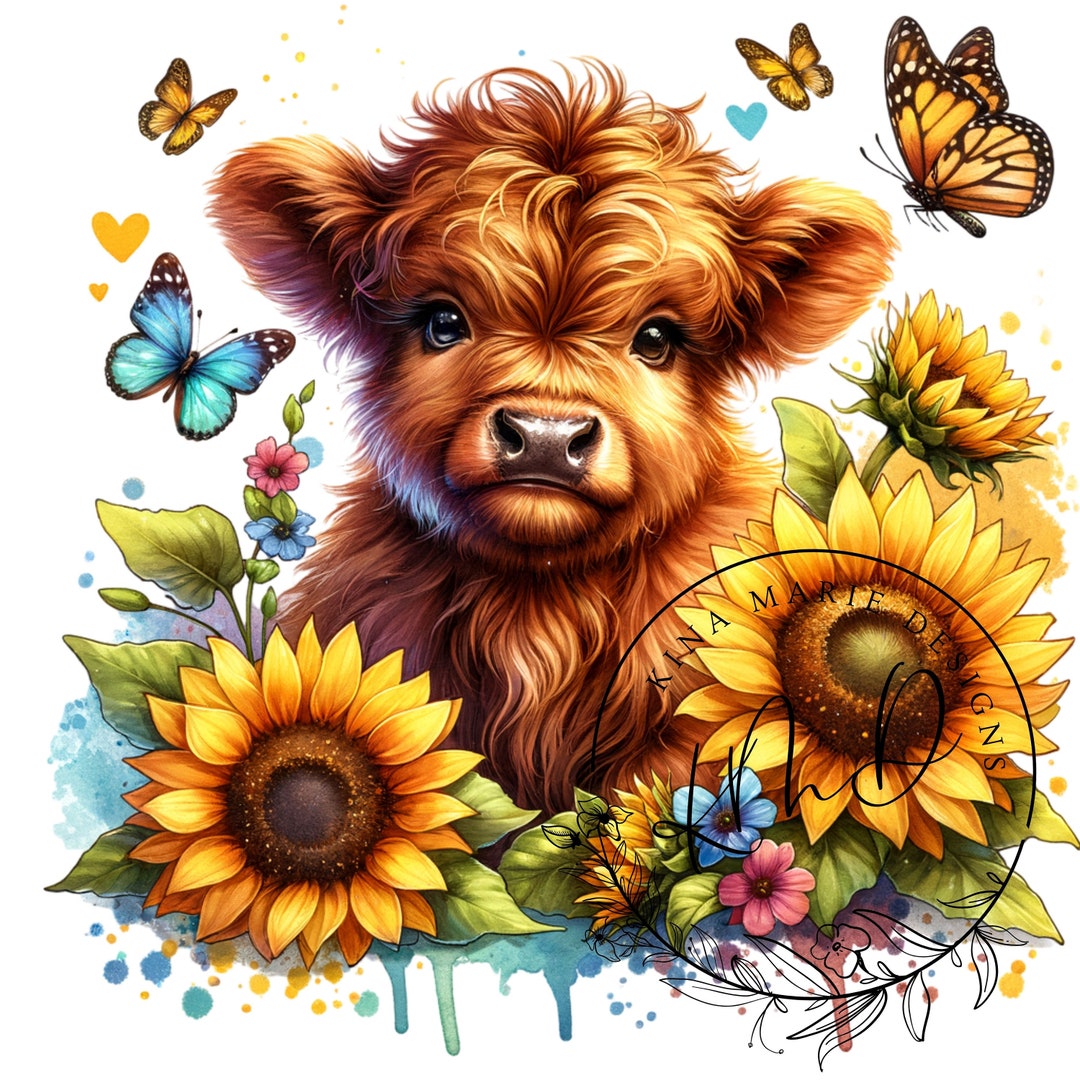 Baby Highland Cow & Sunflowers PNG - Adorable Digital Download for ...