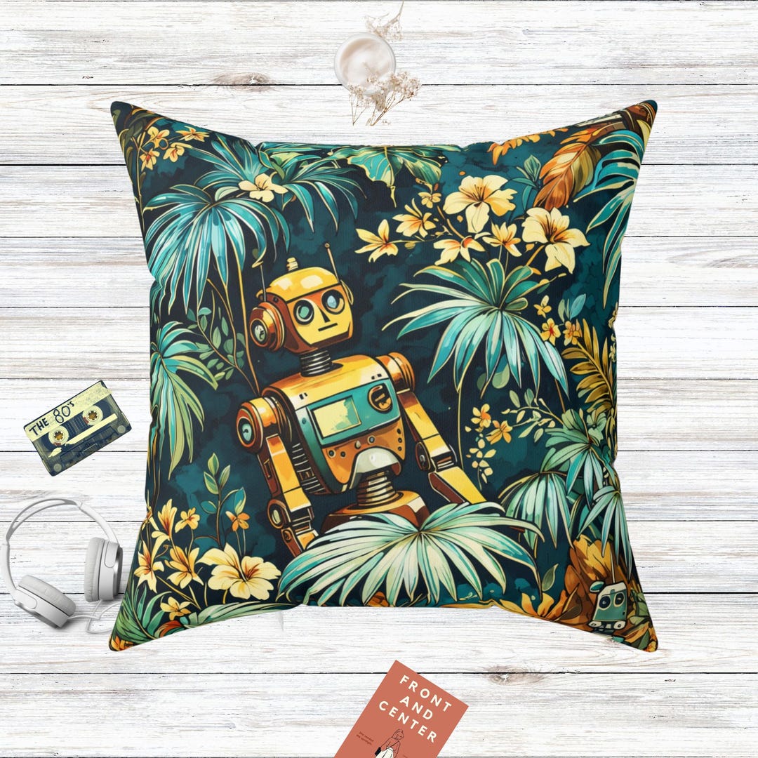 Retro Tropical Pillow, Robot Decorative Cushion Y2K Jungle Square ...
