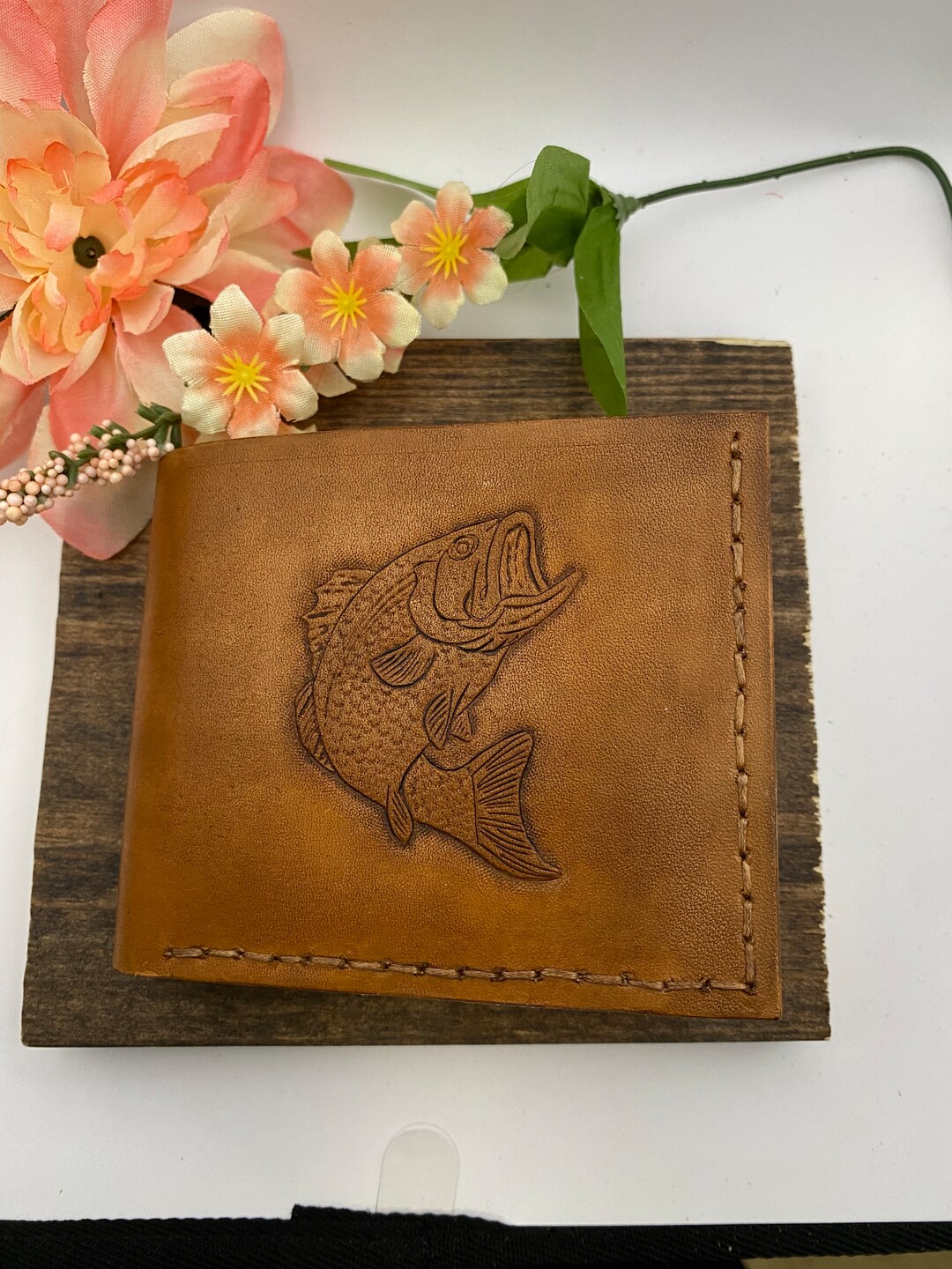 Natural Leather Wallet With Hand Carved Bigmouth Bass Fish. Fishermens ...