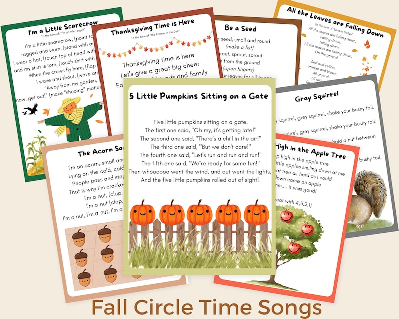 Fall Songs Printable Cards: Preschool & Kindergarten Circle Time (PDF ...