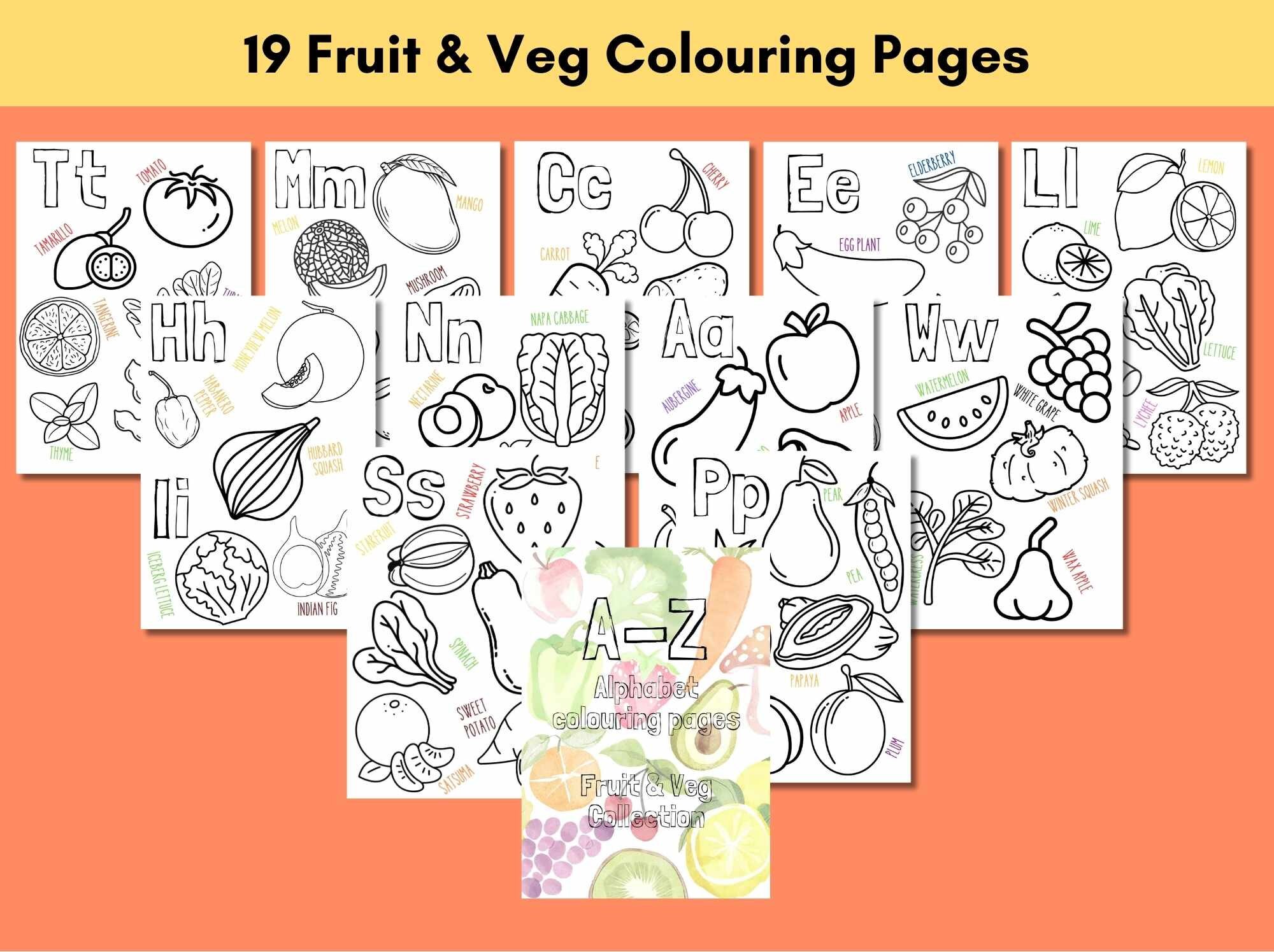 Alphabet Fruit and Vegetable Printable Colouring Pages Educational ...