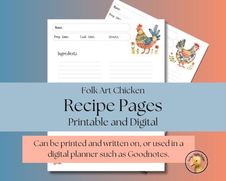 Printable or Digital Folk Art Chicken Recipe Cards - Etsy