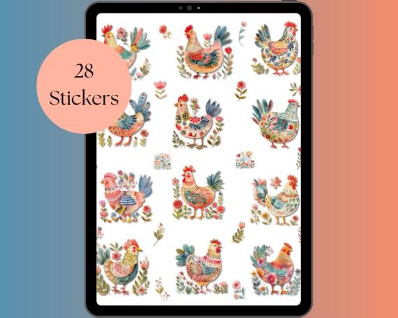 Digital Folk Art Chicken Stickers for Goodnotes Planner - Etsy