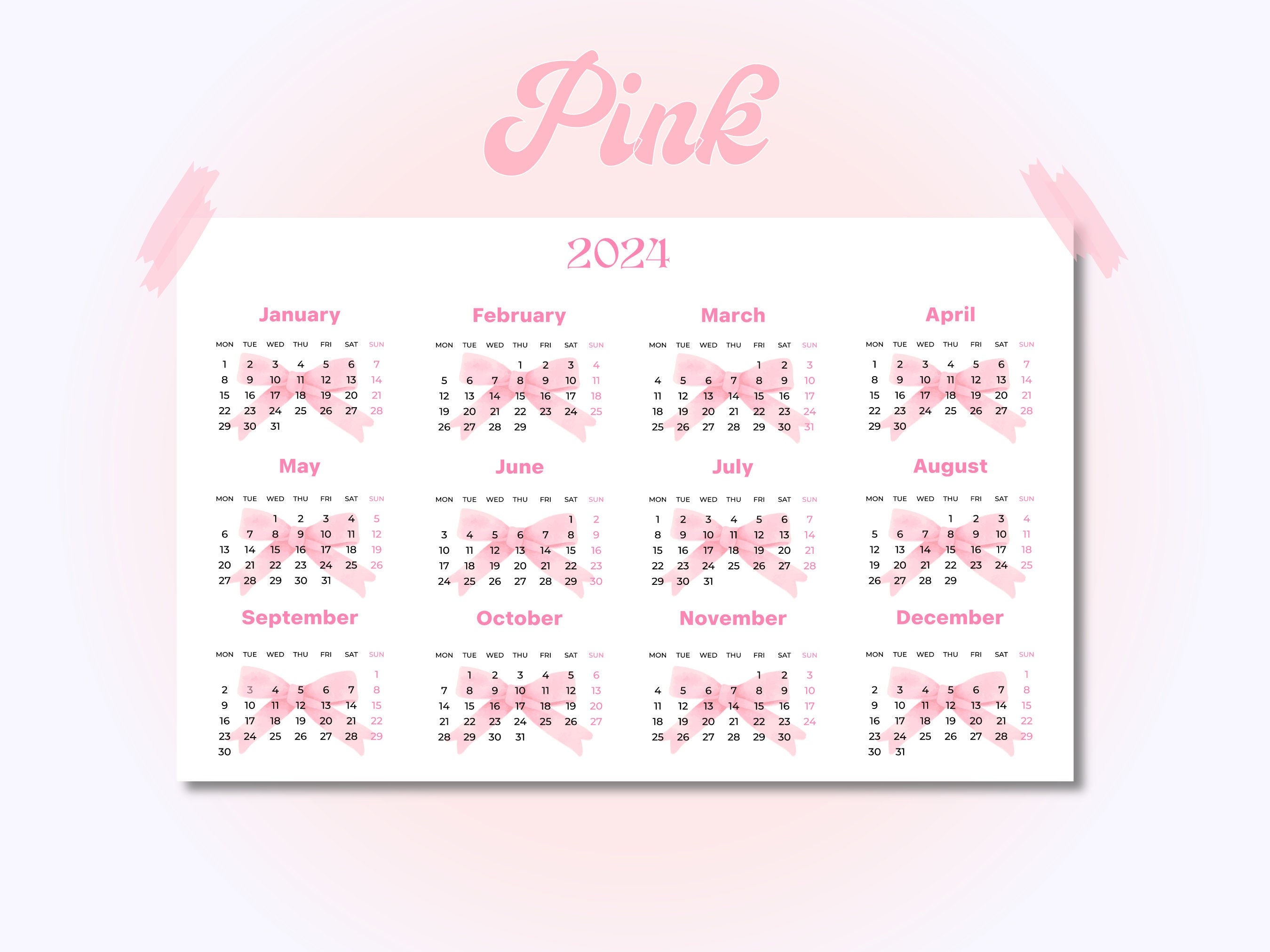 2024 Coquette Style Calendar Digital & Printable Calendar Pink Calendar ...