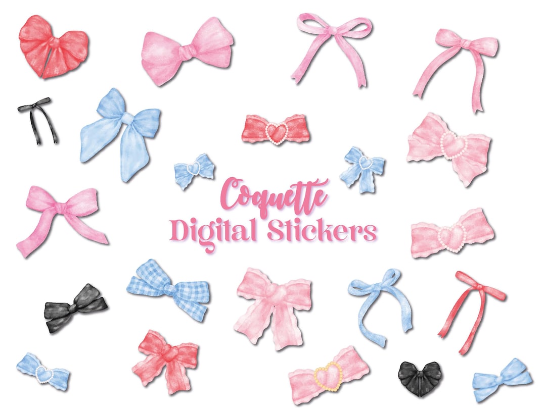 Coquette Stickers | Digital Sticker Set | Coquette Pink Ribbon Bows ...