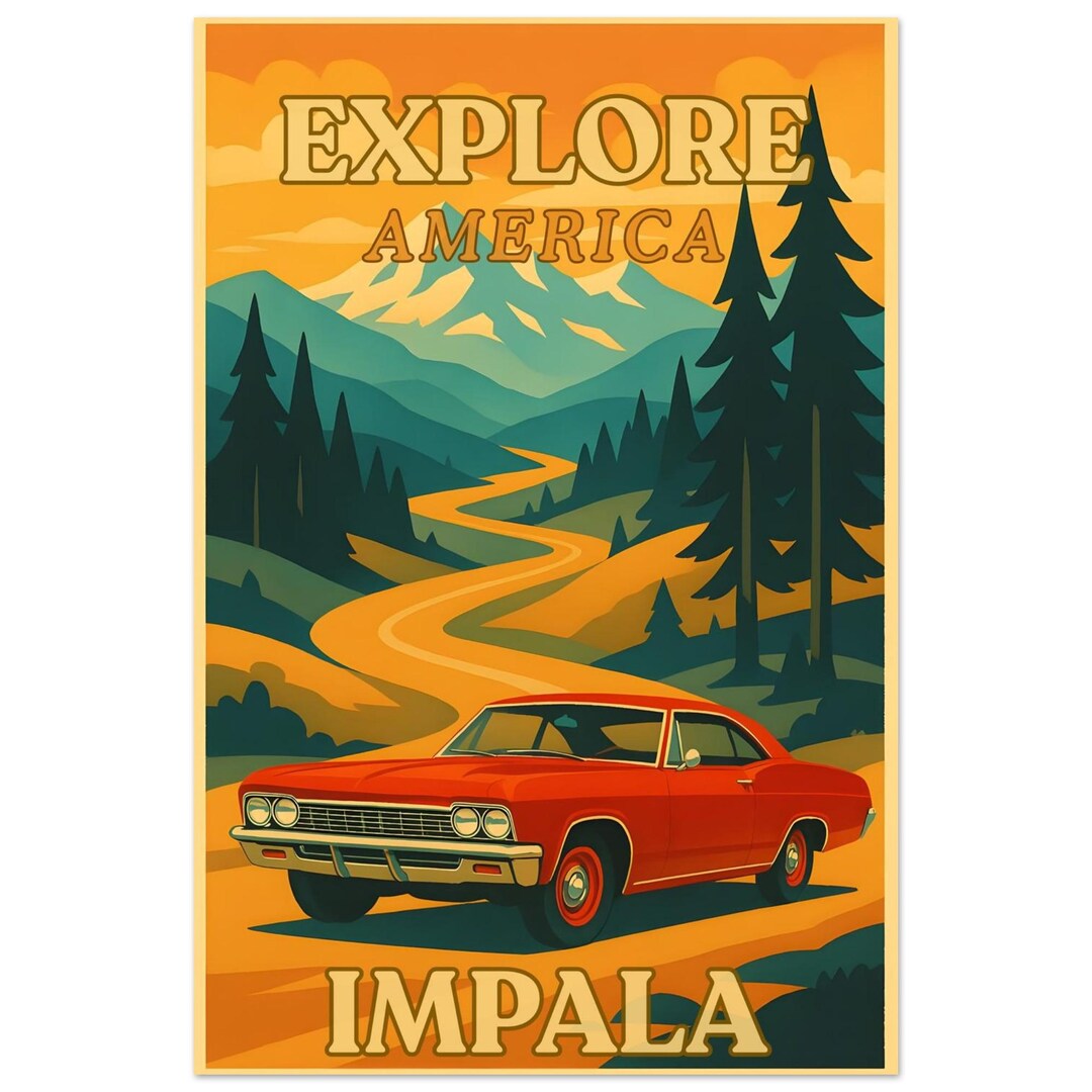 Chevrolet Impala Classic Car Poster Vintage American Muscle Road Trip ...