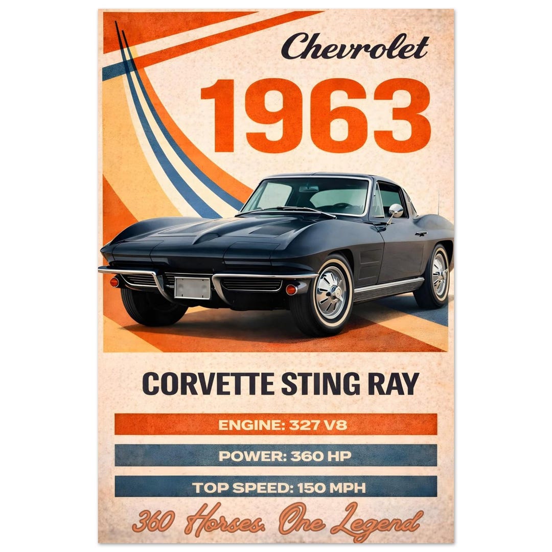 Chevrolet Corvette Sting Ray 1963 Vintage Sports Car Poster Retro Wall ...