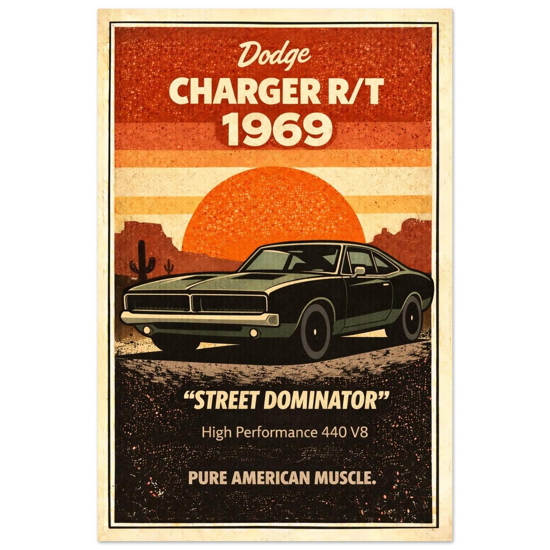 1969 Dodge Charger RT 440 Poster – Mopar Muscle Car Vintage Sunset Wall ...