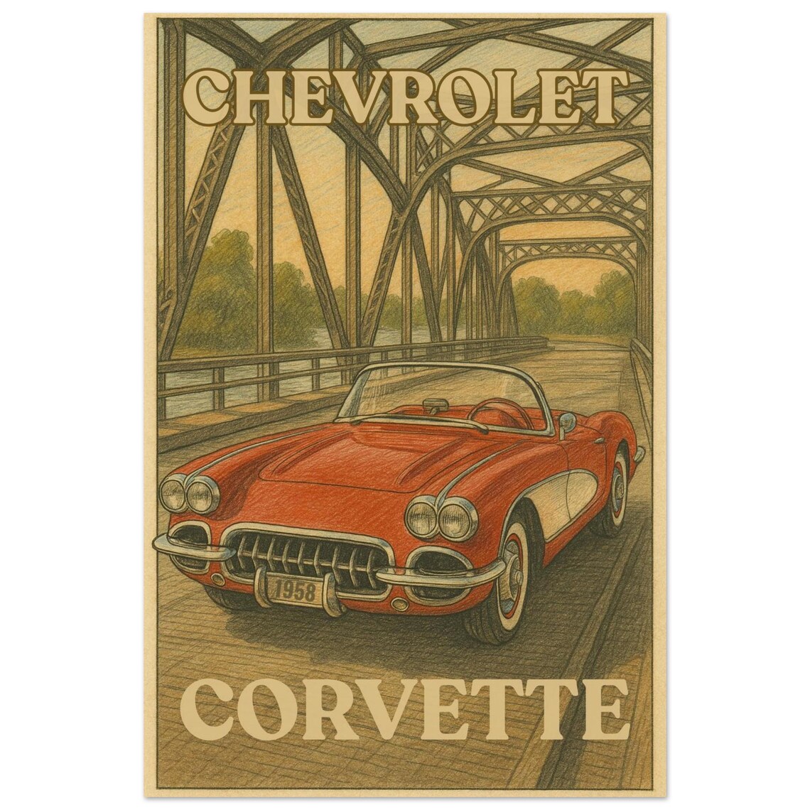 Chevrolet Corvette 1958 Classic Car Poster Vintage American Sports Car ...