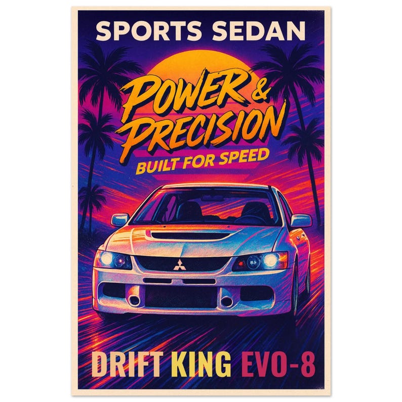 Mitsubishi Evo8 Drift King Poster JDM Legend Retro Neon Art Turbo Power ...