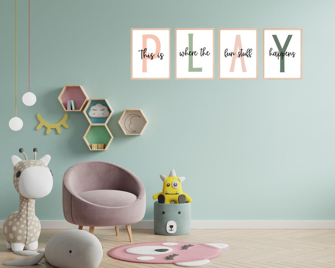 Play, This is Where the Fun Stuff Happens, Set of 4 Dusty Sage Playroom ...