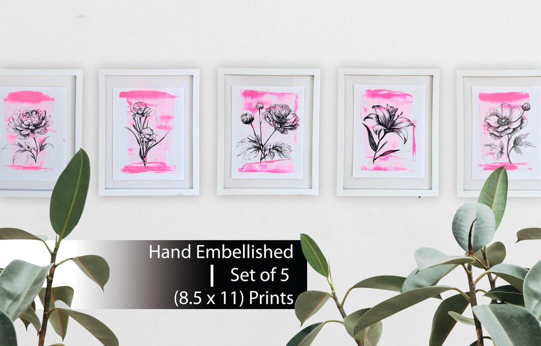 Hand Embellished Floral Prints: Set of 5 Botanical Line Drawings - Etsy