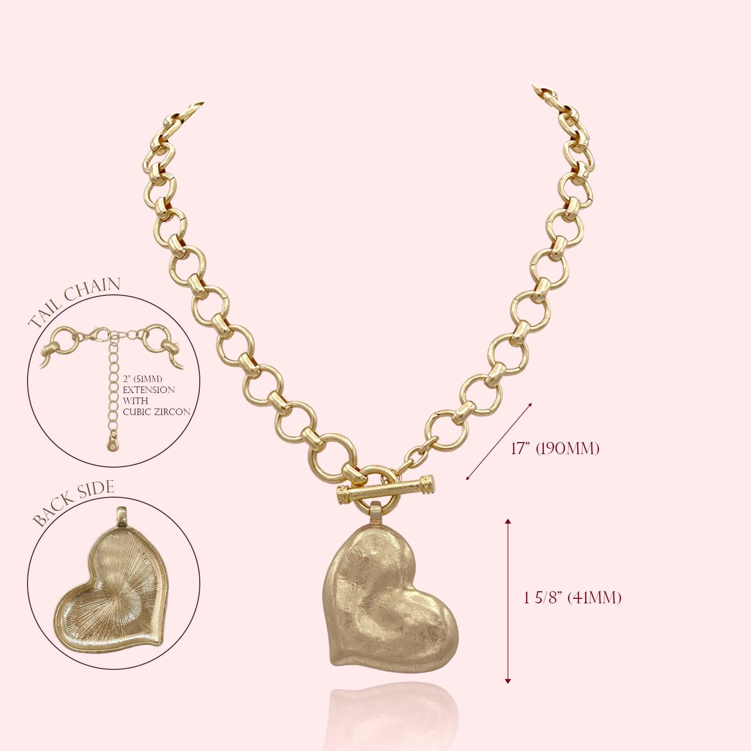 Water Resistant, Hammered Bold Heart Toggle Necklace Thick Chain Set ...