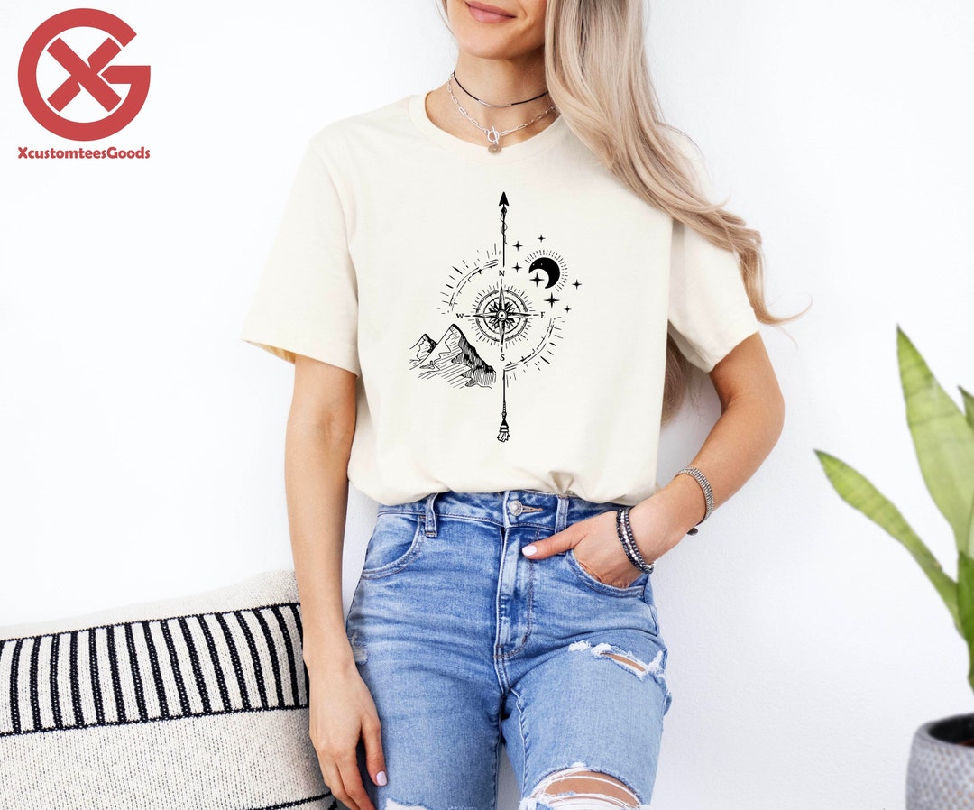 Compass Moon Mountain Shirt,mountain Scene Celestial Graphic Tee ...
