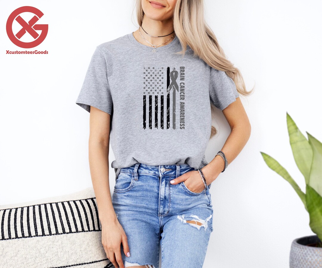 Brain Cancer Flag Shirt, Brain Tumor Awareness Tee,grey Ribbon Brain ...