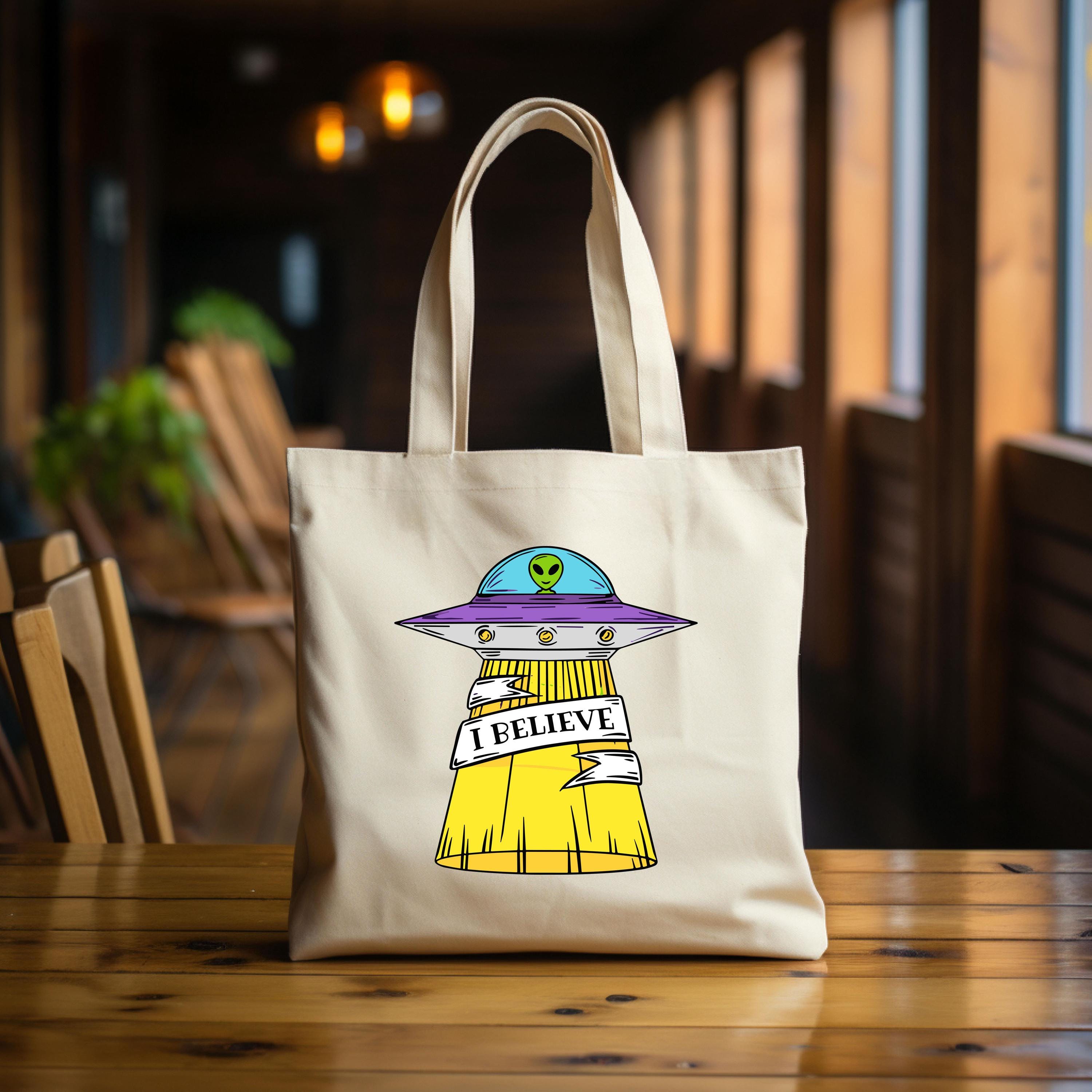 UFO 'I Believe' Graphic Canvas Tote Bag - Alien Abduction Gift - Etsy