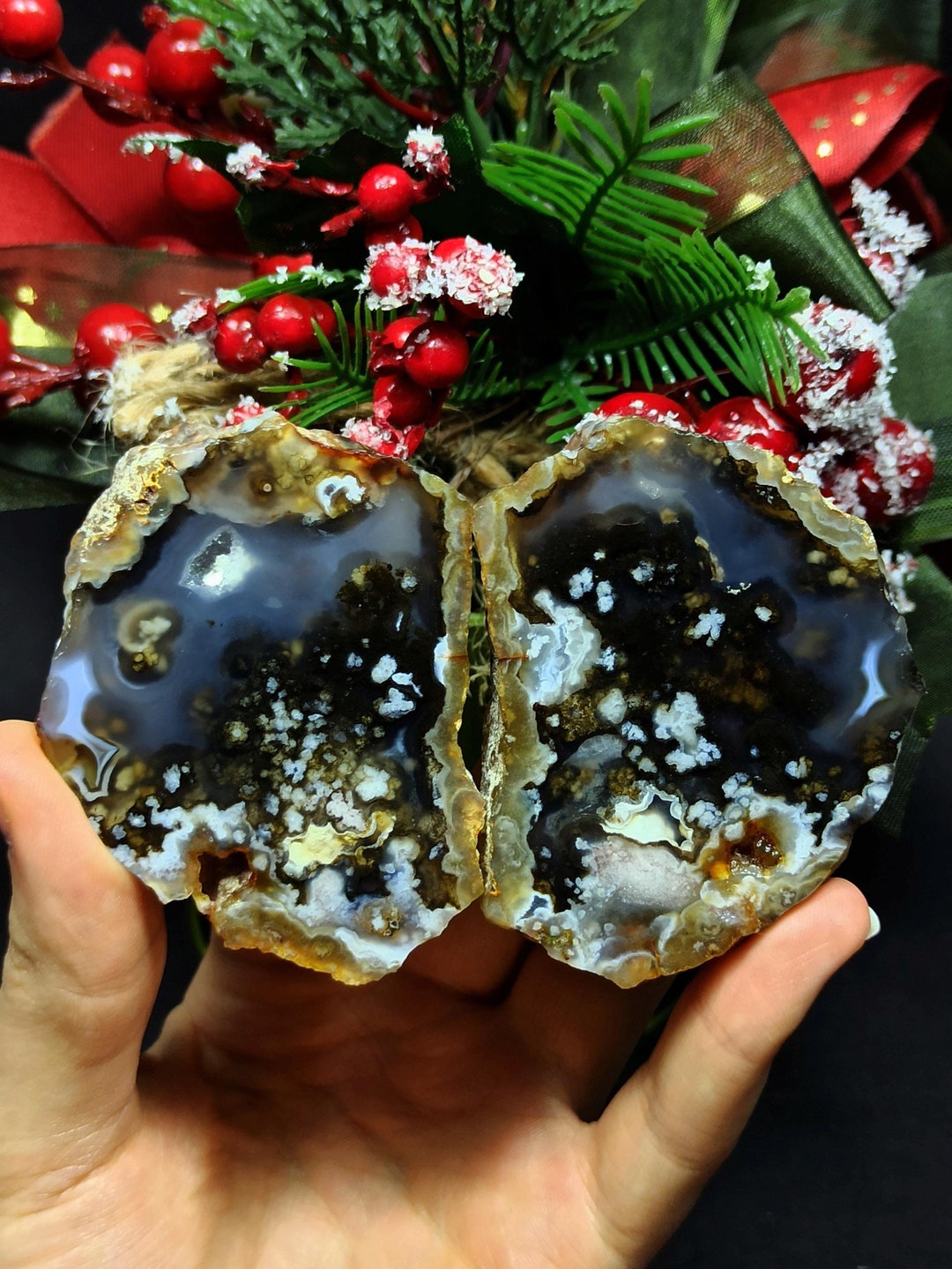 Blue Banded and White Flower Agate, Snowflake Agate, Turkish Agate Pair ...