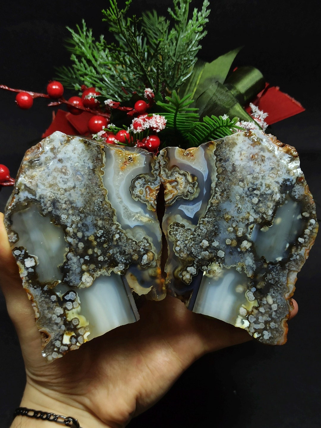 White Flower and Snowflake Agate, Crystal Banded Agate Pair, Turkish ...