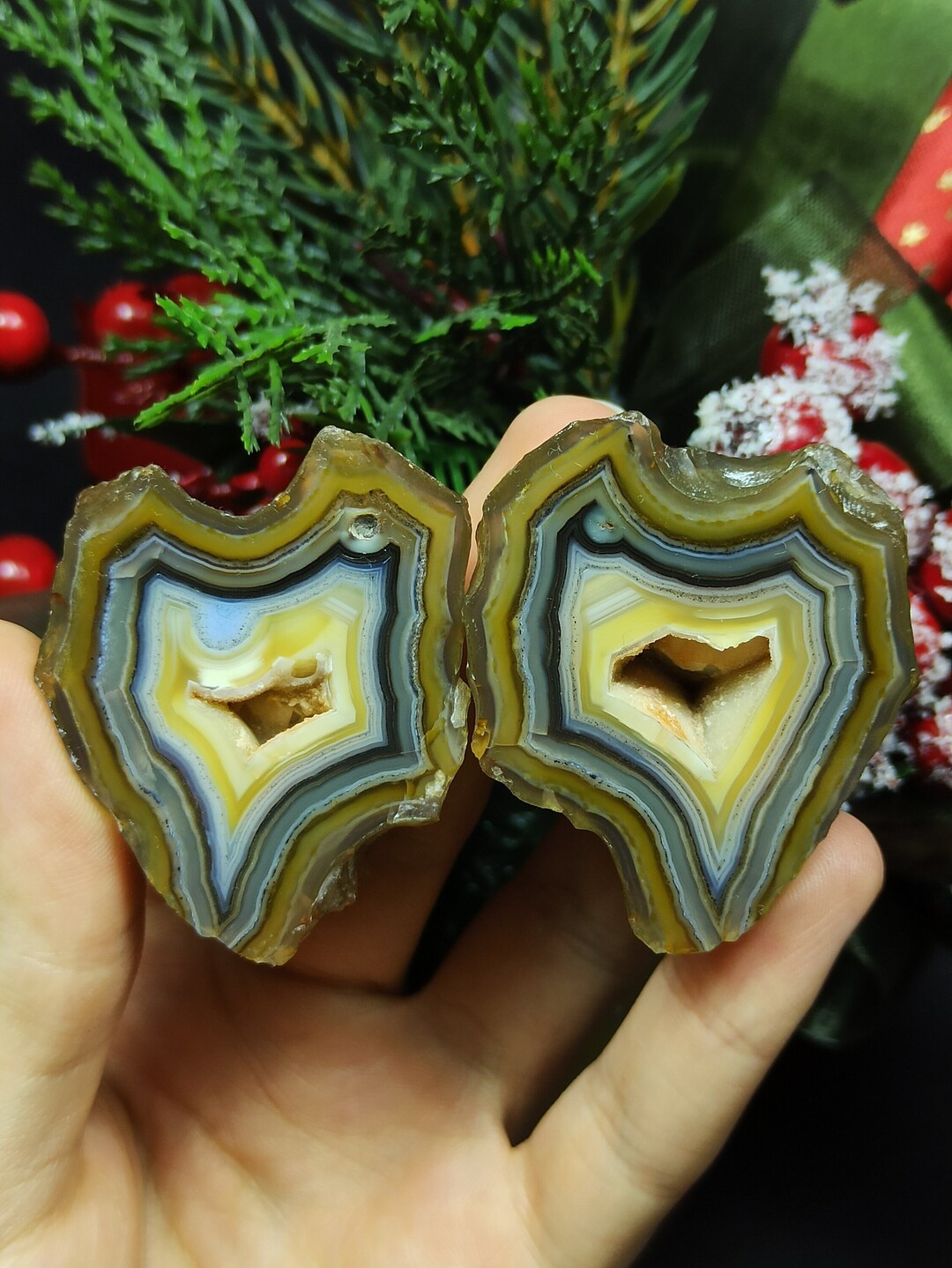 Yellow and Blue Banded and Druzy Geode Agate, Geode Agate Pair, Tokat ...
