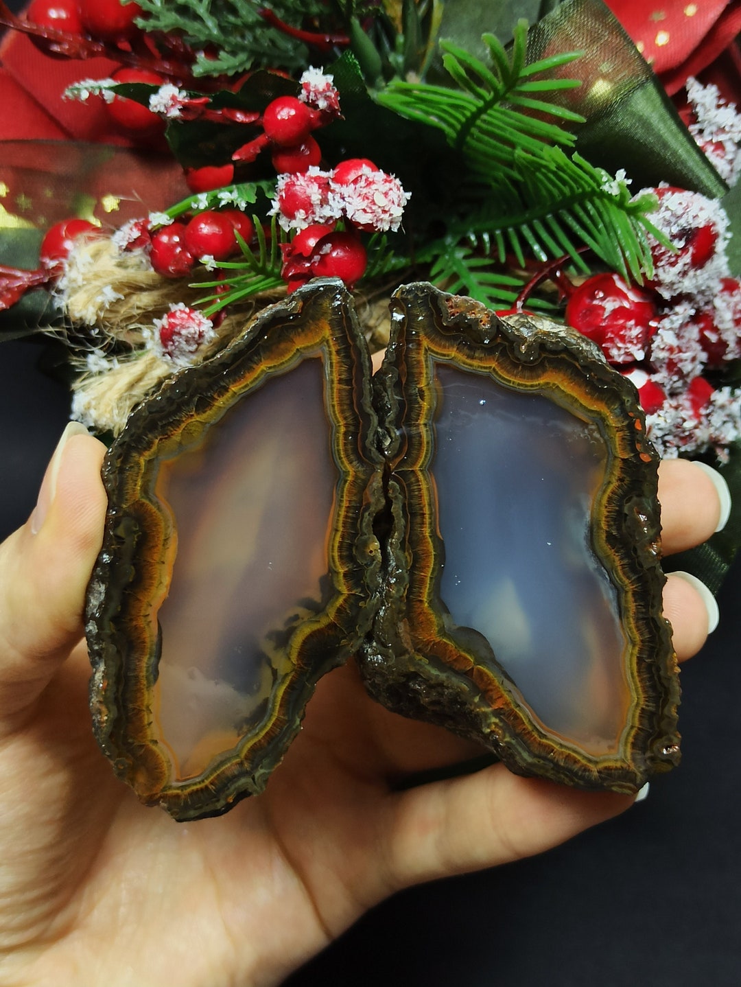 Orange and Green Banded and Geode Agate, Turkish Agate Pair ...