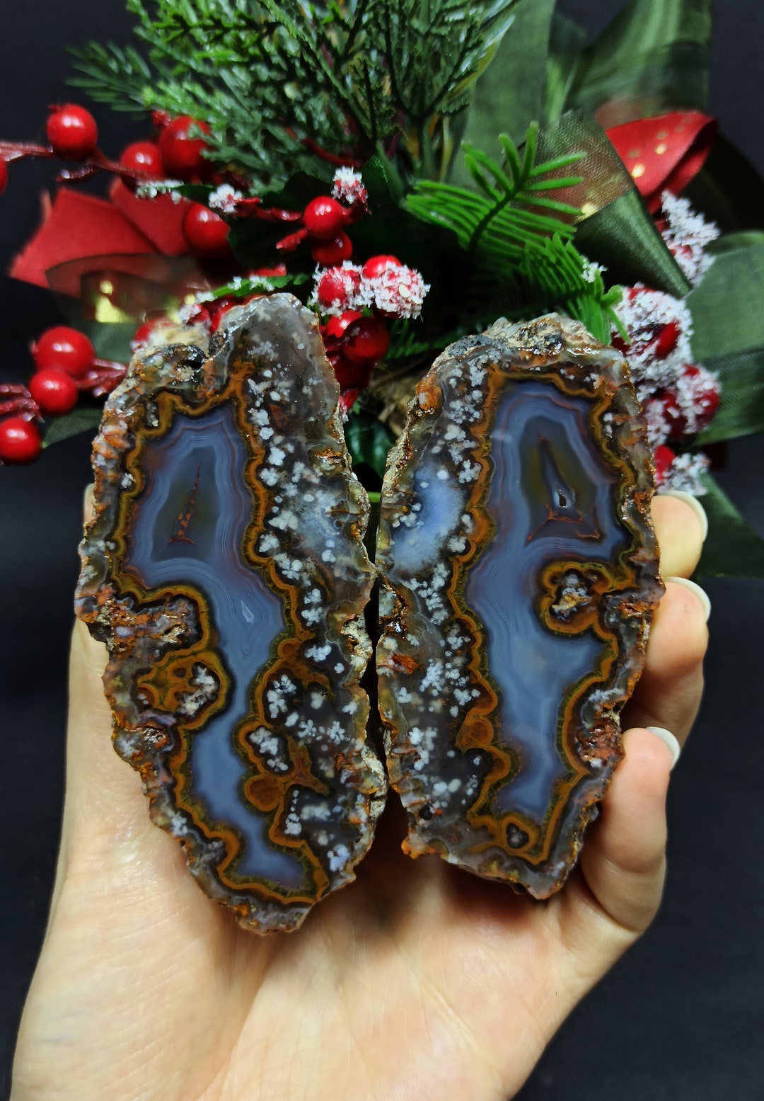 Orange and Blue Banded and Flower Agate, Snowflake Agate Pair, Turkish ...