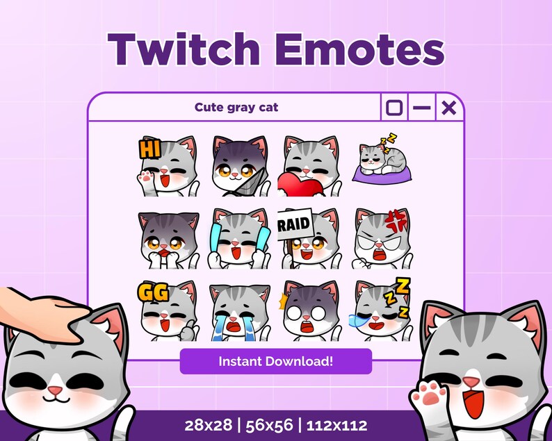 Twitch Emote Gray Cat Set Emote Cute Clip Art Streamer Streaming ...