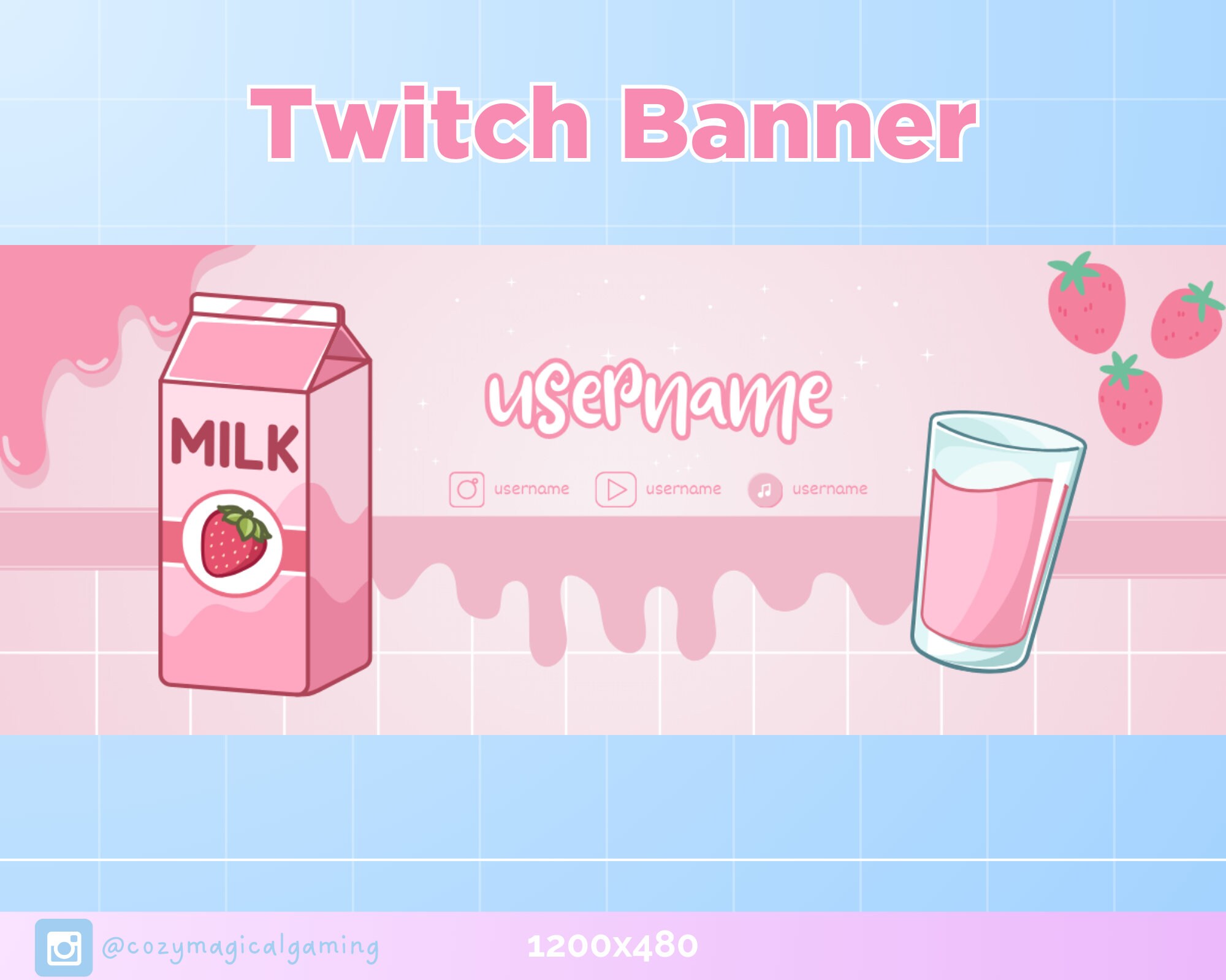 Pink Twitch Banner Strawberry Milk Themed Twitch Overlay Berry Profile ...