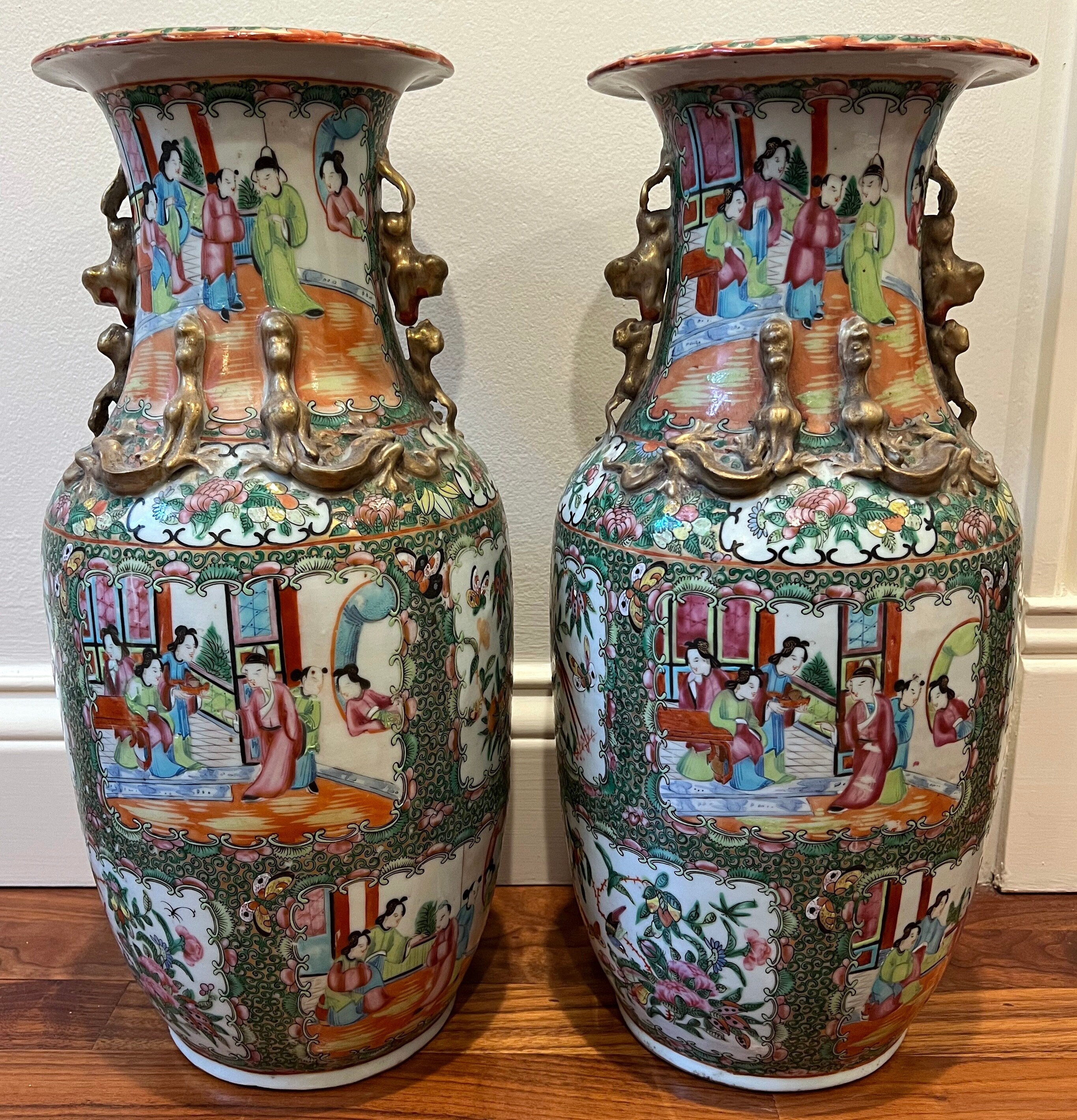 Antique Rose Medallion Tall Vases - a Pair - Etsy