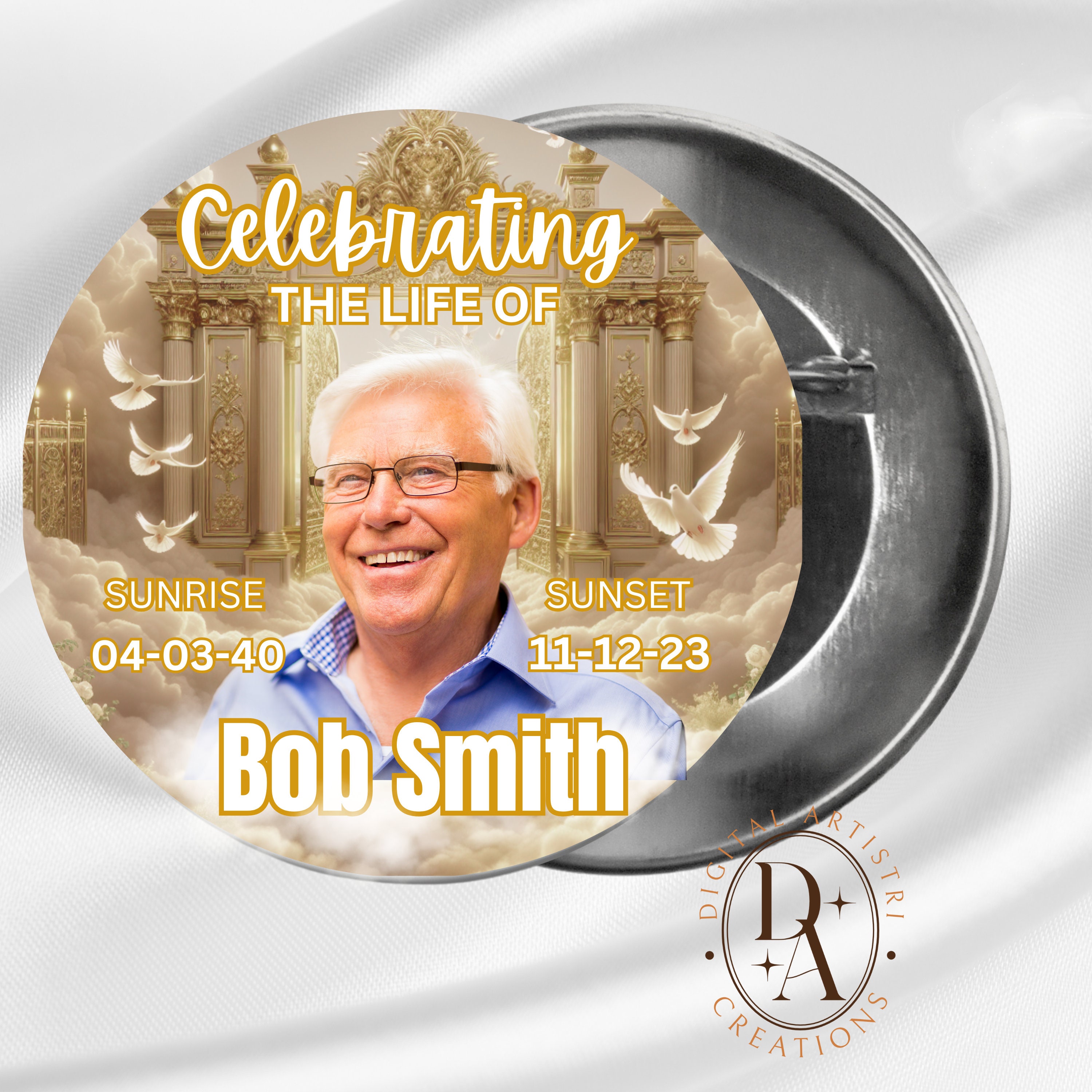 Gold Heaven Gates in Loving Memory Template Memorial Button Pin ...