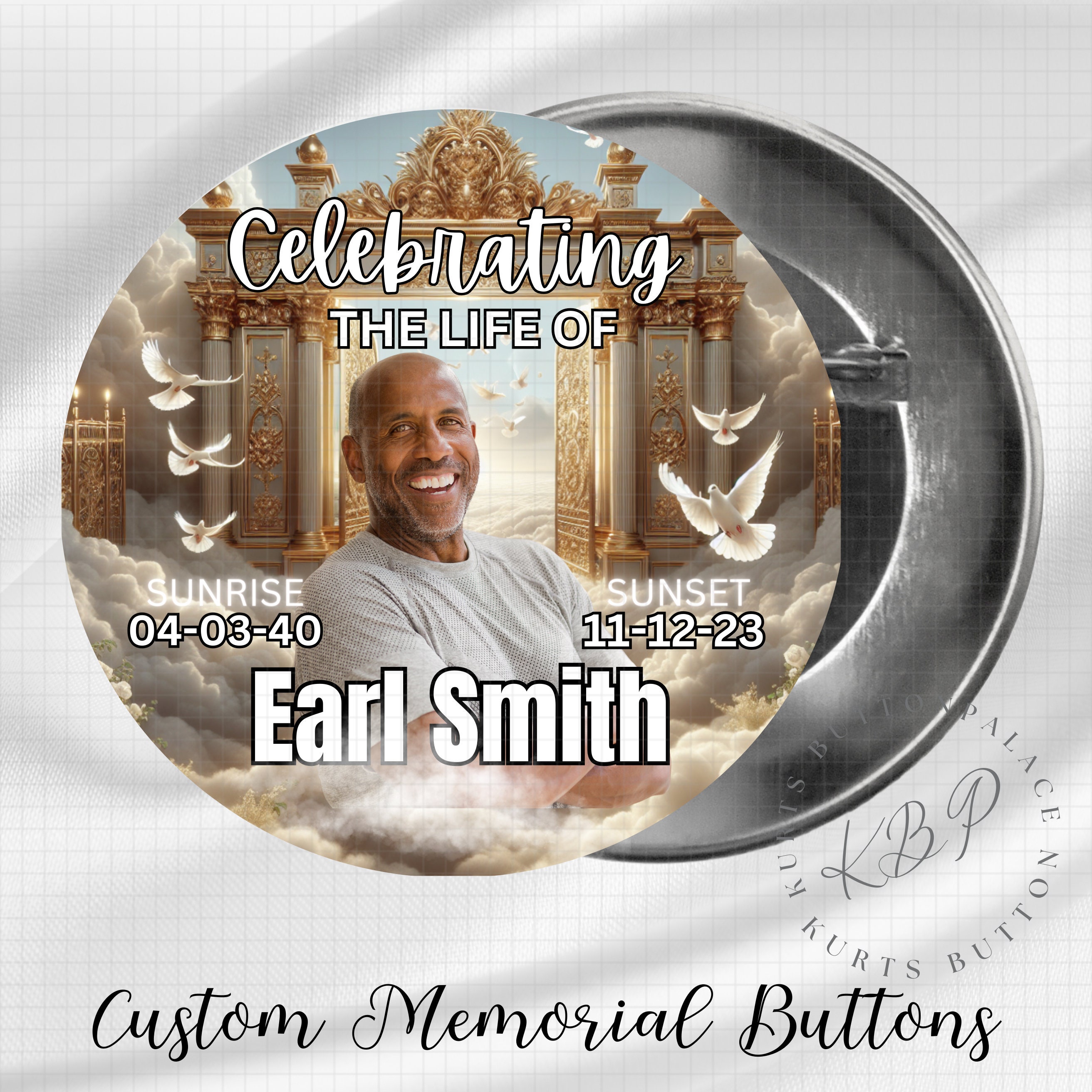 Gold Heaven Gates in Loving Memory Template Memorial Button Pin ...