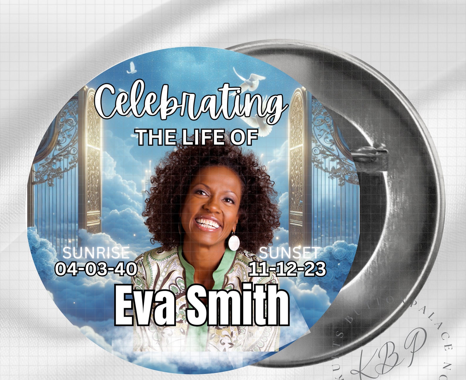 In Loving Memory Template Blue Heaven Gates Memorial Button Pin ...