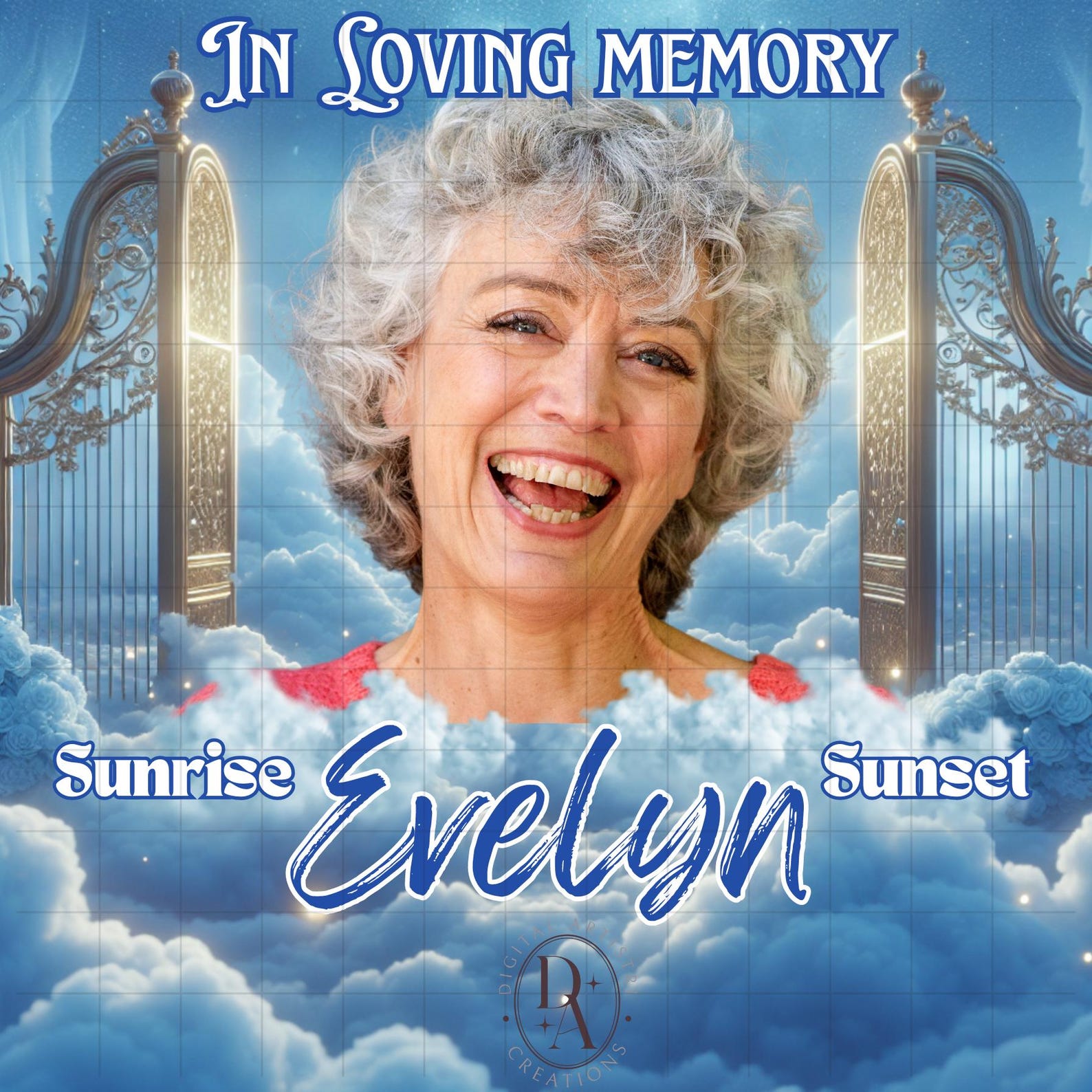 In Loving Memory Template Blue Heaven Gates Memorial Button Pin ...