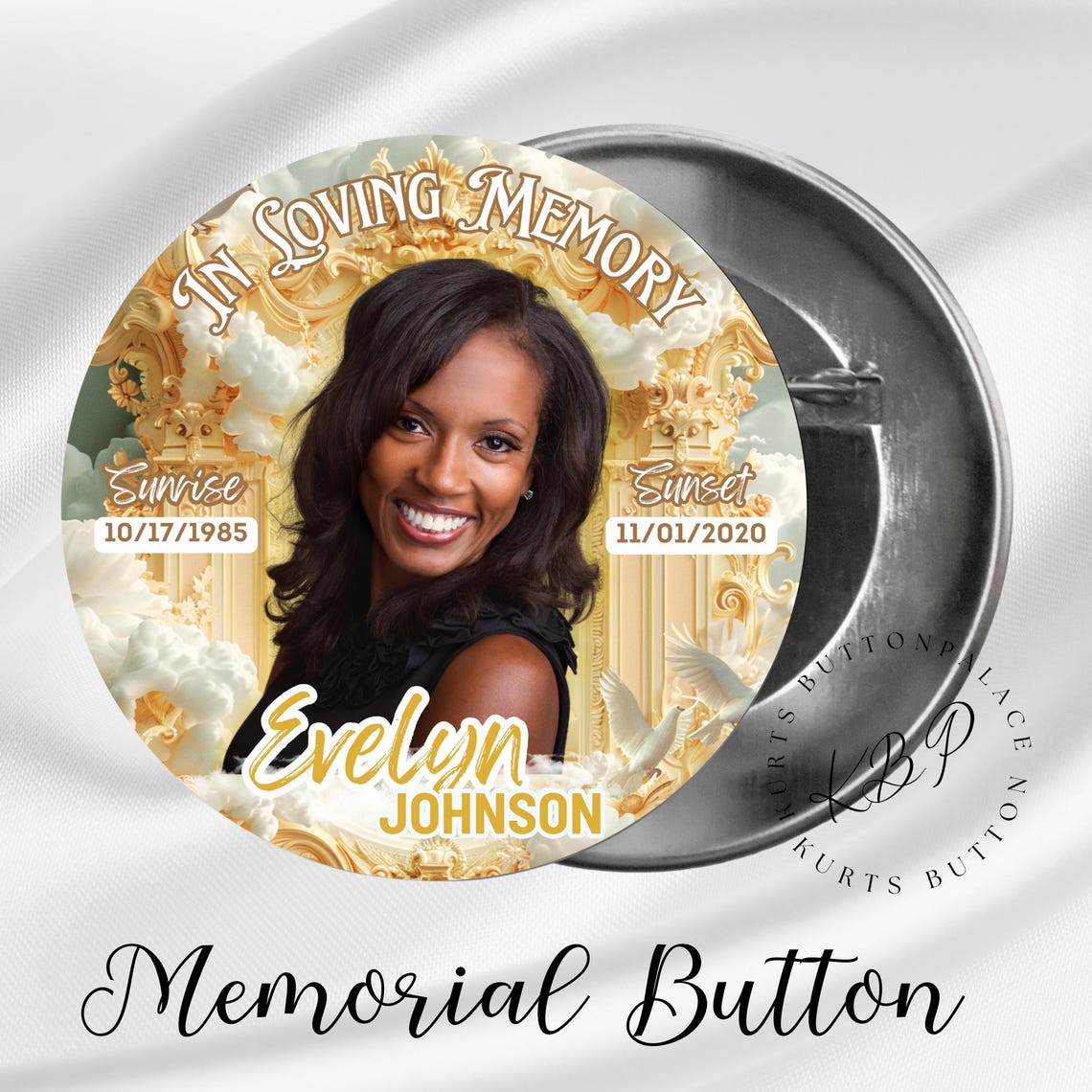 Gold Heaven Gates in Loving Memory Template Memorial Button Pin ...